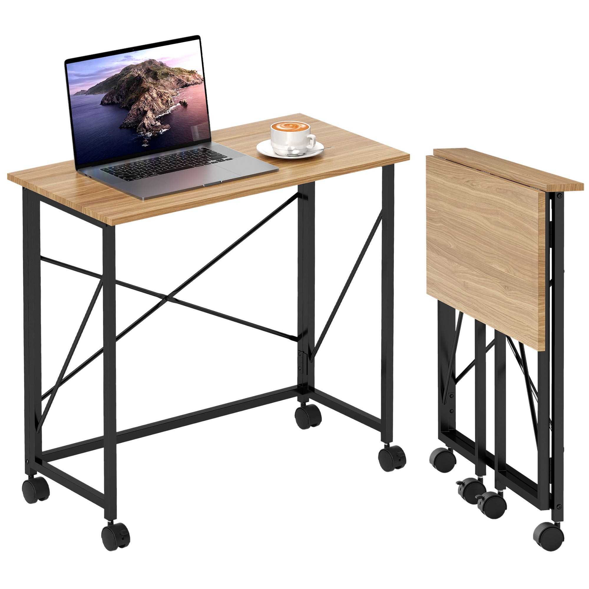Bureau pliant à roulettes, gain de place, acier, MDF, chêne | Leroy Merlin