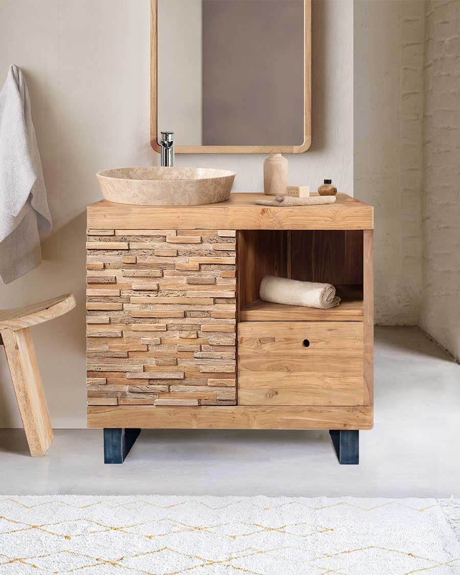 Néo - Petit meuble salle de bain en teck parqueté 80 cm | Leroy Merlin