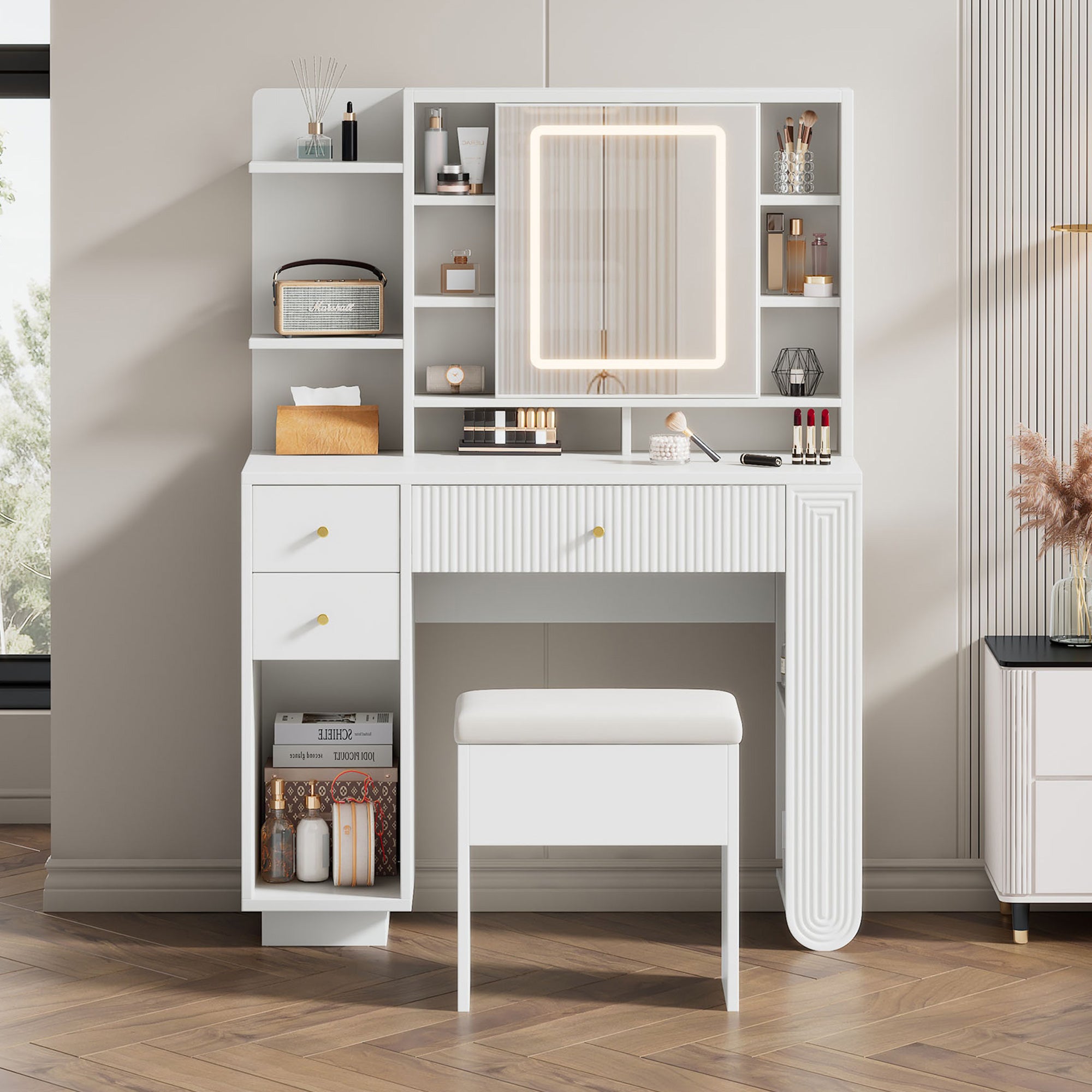 Coiffeuse avec miroir LED en MDF Blanc H. 138 x l. 40 x P. 100 cm ...