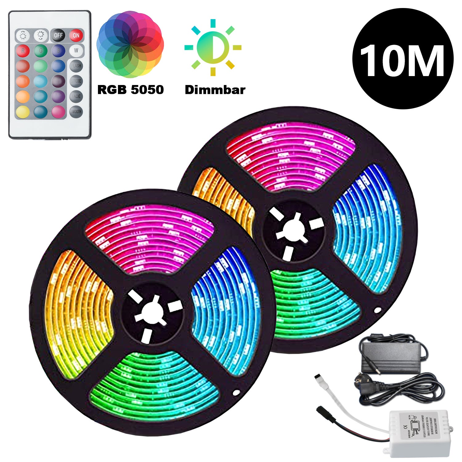 Tira LED de 10 m, tira de cinta RGB 5050 RGB, banda LED de 60 LED, banda LED impermeable (IP65 ...