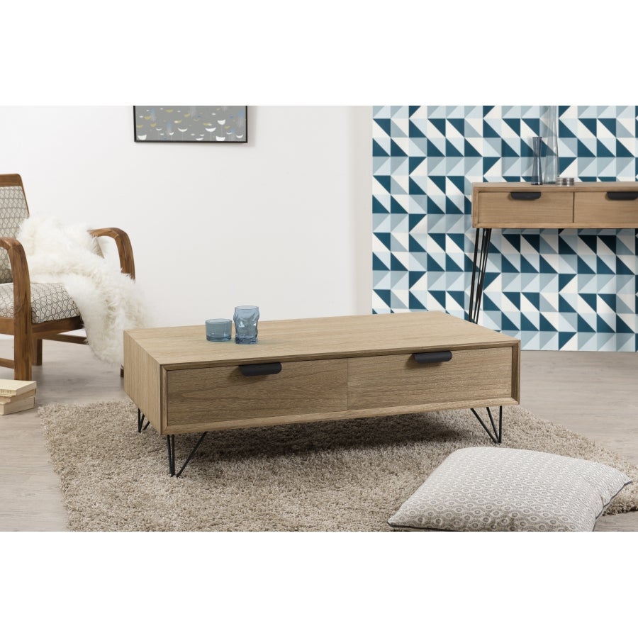 EDITH - Table basse bois naturel 4 tiroirs pieds épingles métal noir ...