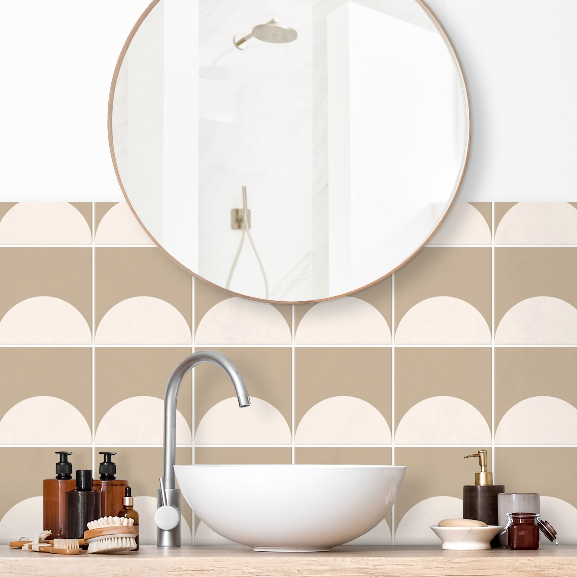 Revestimiento de pared para baño - Tiles with Half Circles Beige 50 x ...