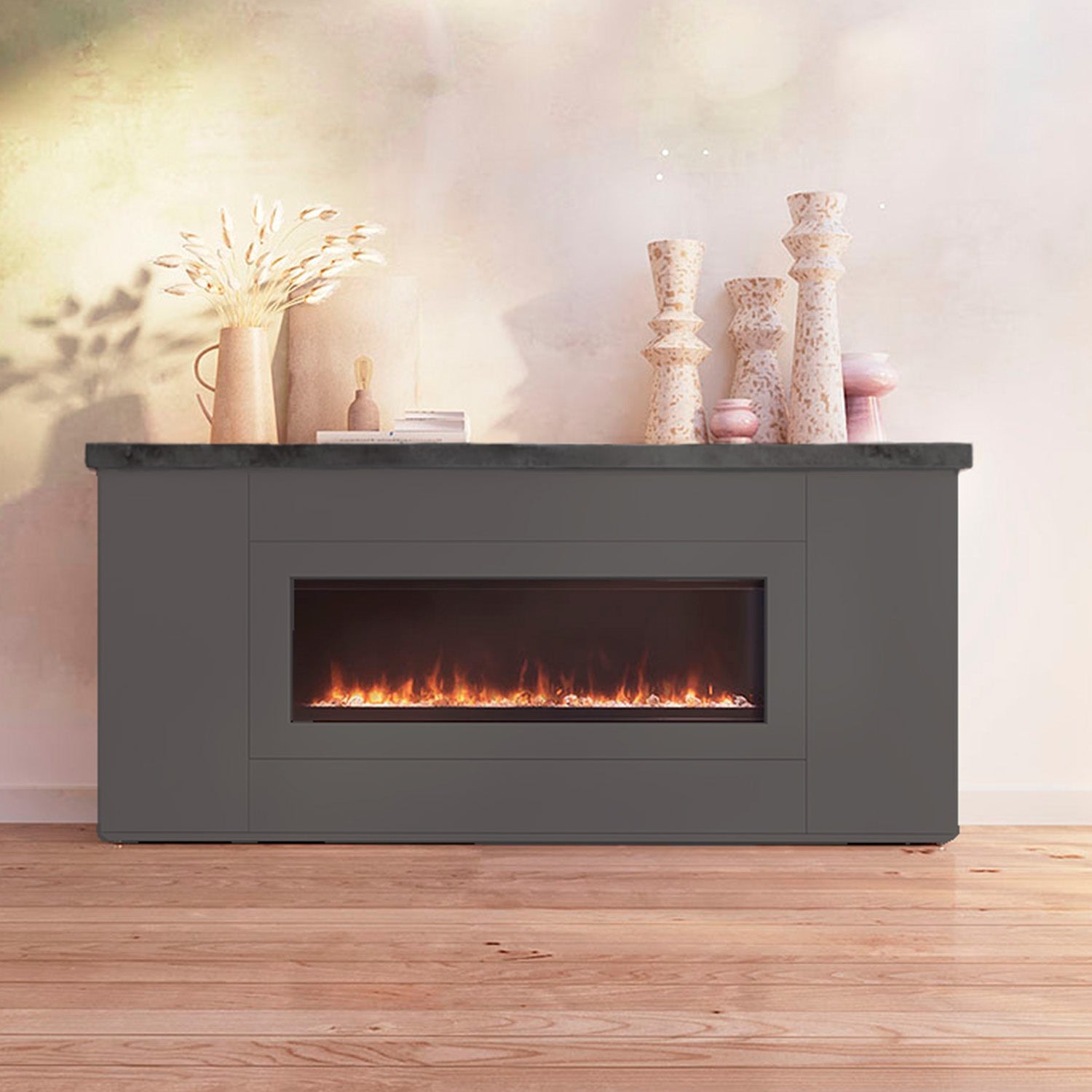 Desio Meuble en bois anthracite avec cheminée électrique intégrée Sined ...