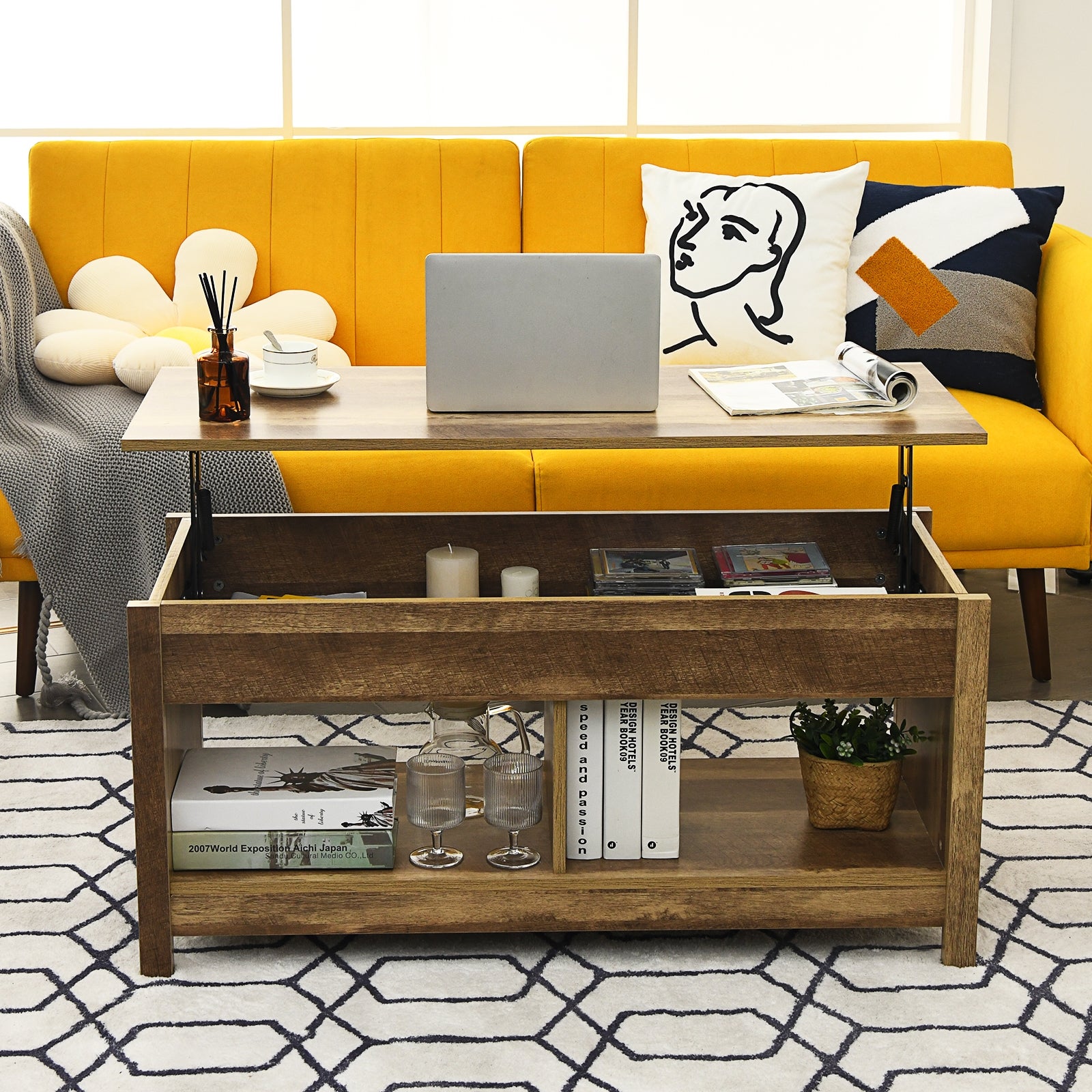 Table Basse avec Plateau Relevable avec Espace de Rangement Caché et ...