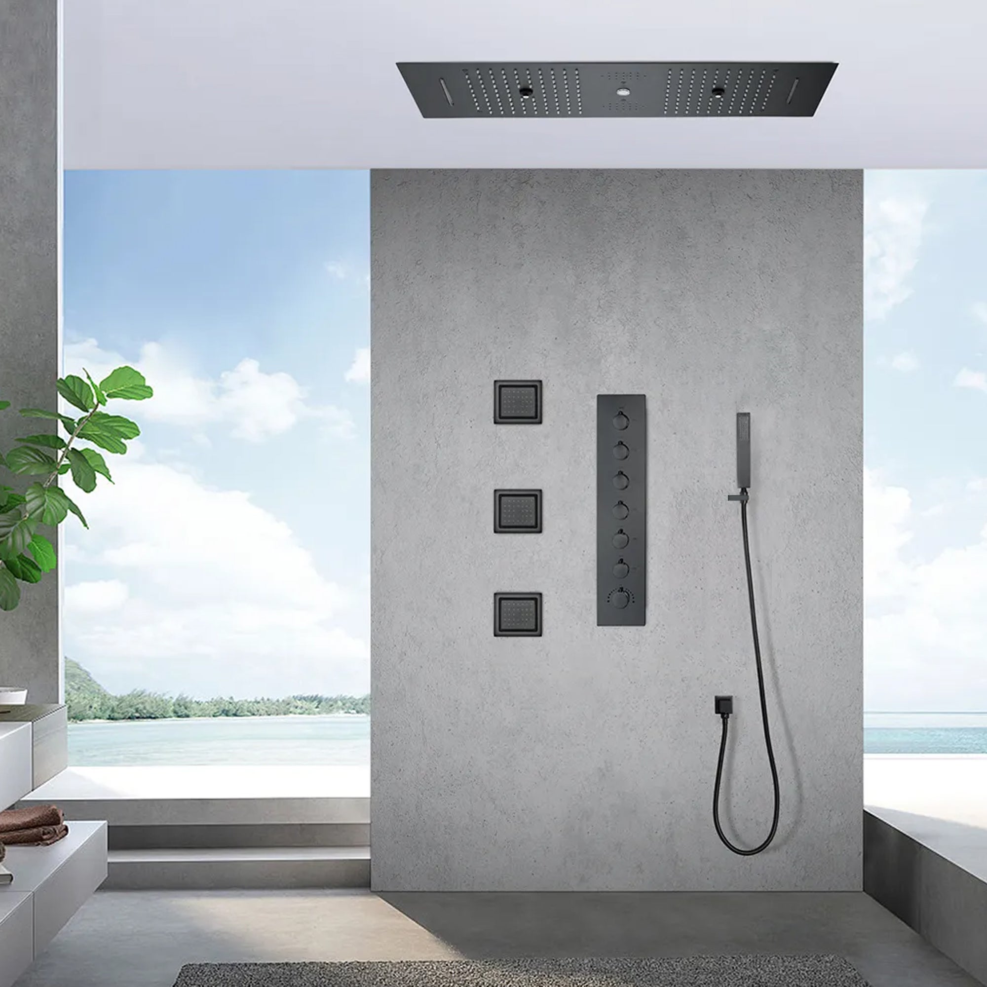 Pack douche thermostatique avec 3 jets de corps à LED Noir - 900x300 mm ...