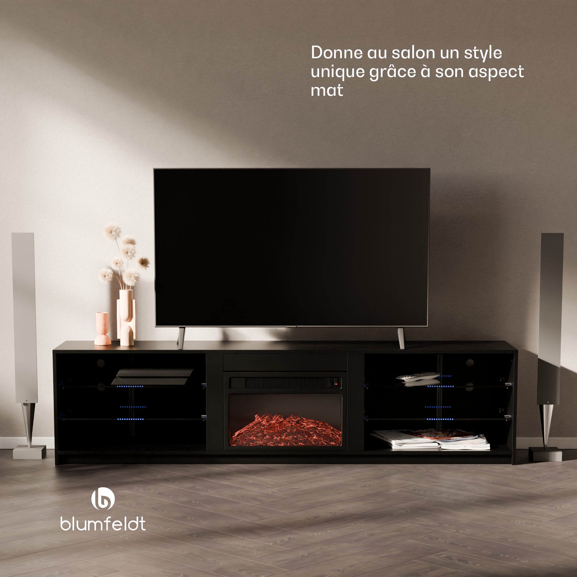 Blumfeldt Meuble TV meuble bas moyen Perth, foyer électrique Noir ...