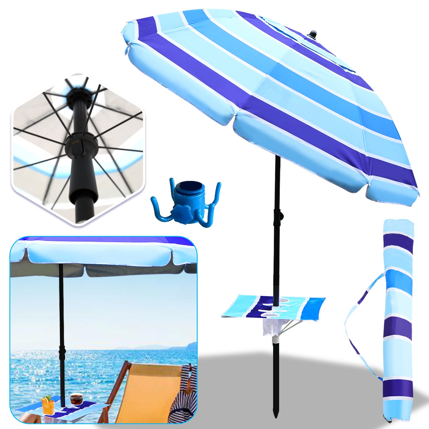 Parasol de plage Parasol droit rond Ø210cm - mât central en orientable ...