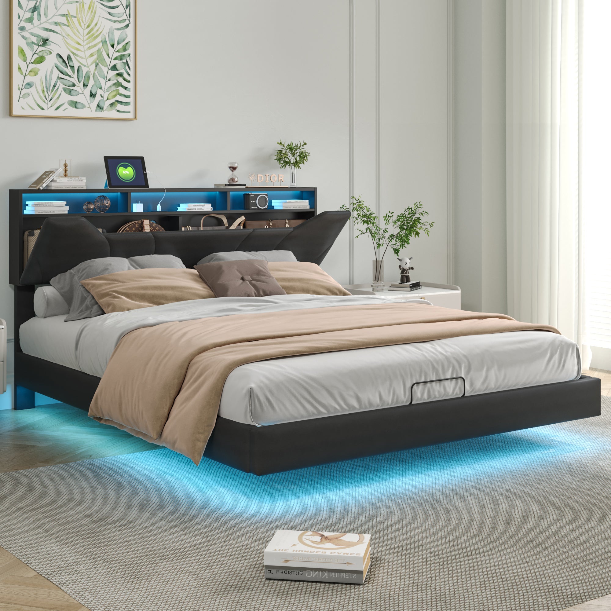Lit 160x200 cm avec éclairage LED, Lit Coffre avec Port USB, tête de ...