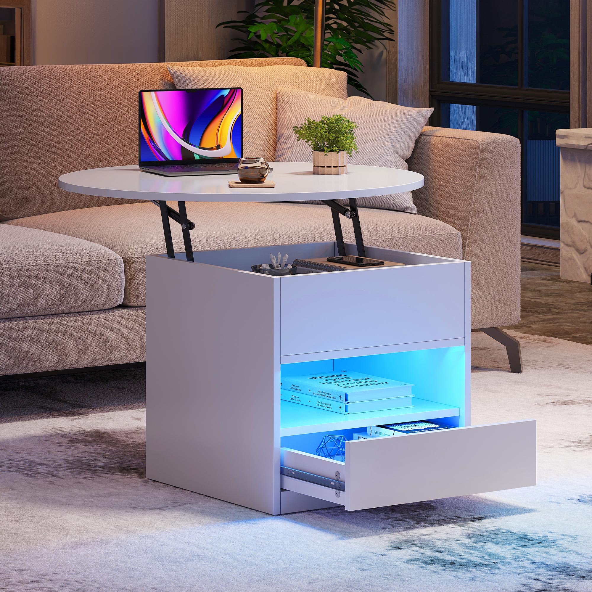 Mesa de Centro Balconera Elevable con Iluminación LED-80X80X49.5CM ...