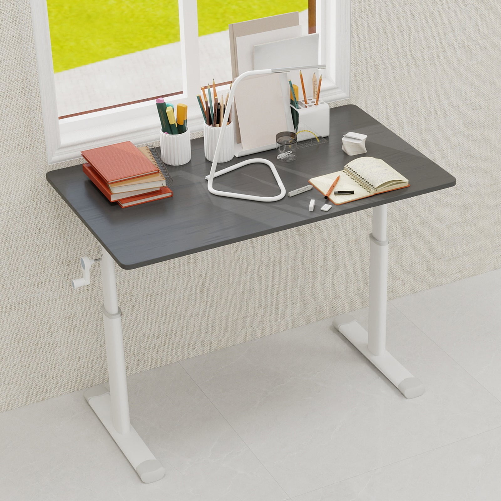 Escritorio - Altura regulable mediante manivela - Metal y madera - Gris ...