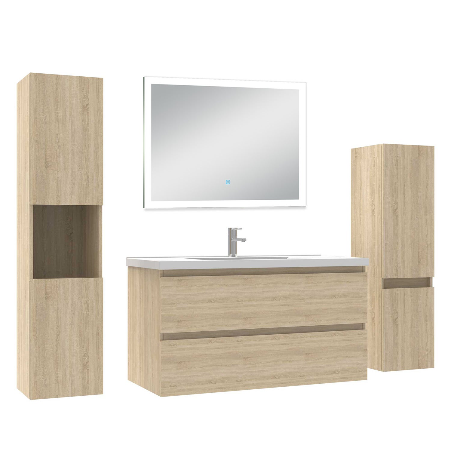 Ensemble meuble Salle de Bain 100cm simple vasque avec colonne et miroir lumineux dimmable chêne ...