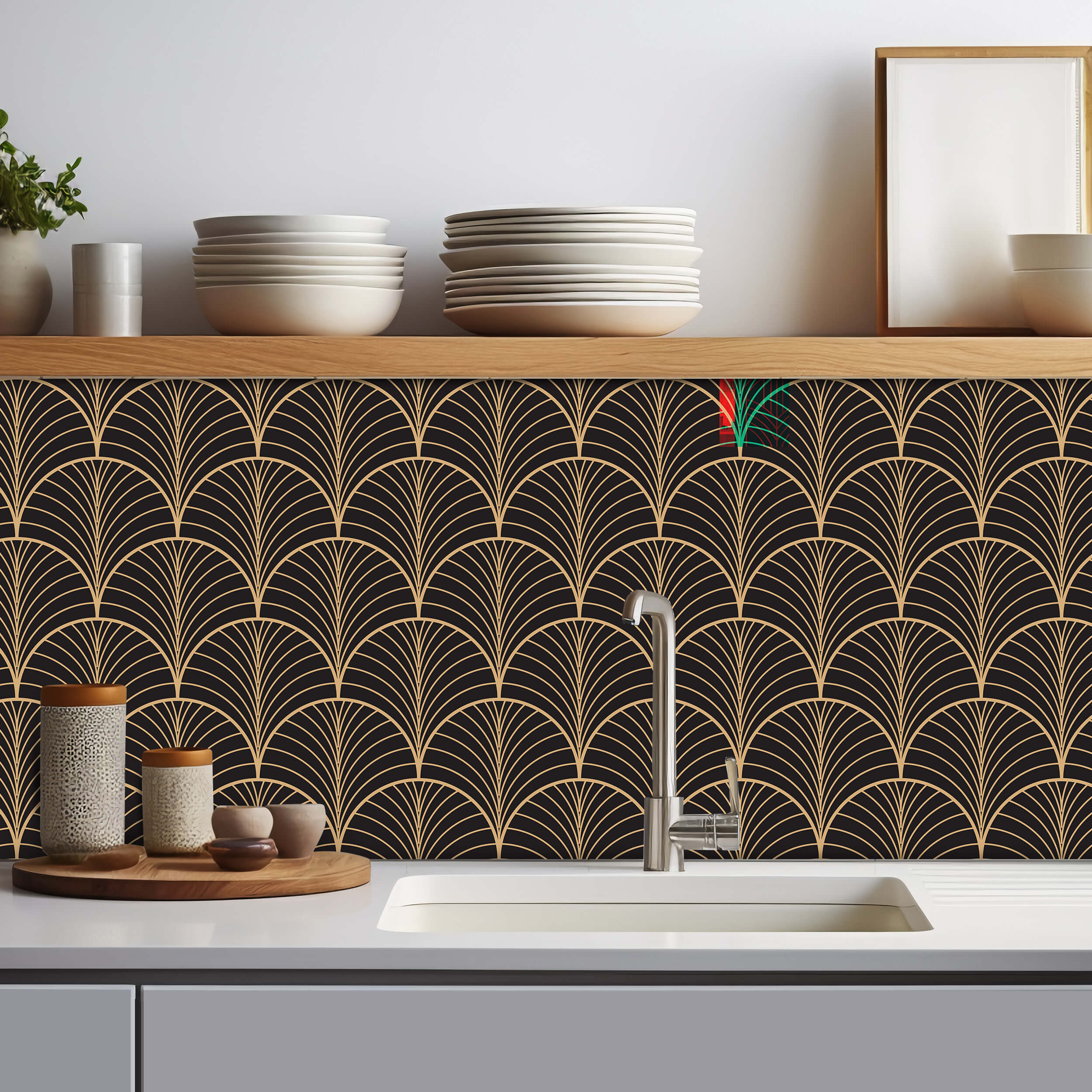 Paraschizzi adesivo con archi decorativi nero e oro 60x300cm | Leroy Merlin