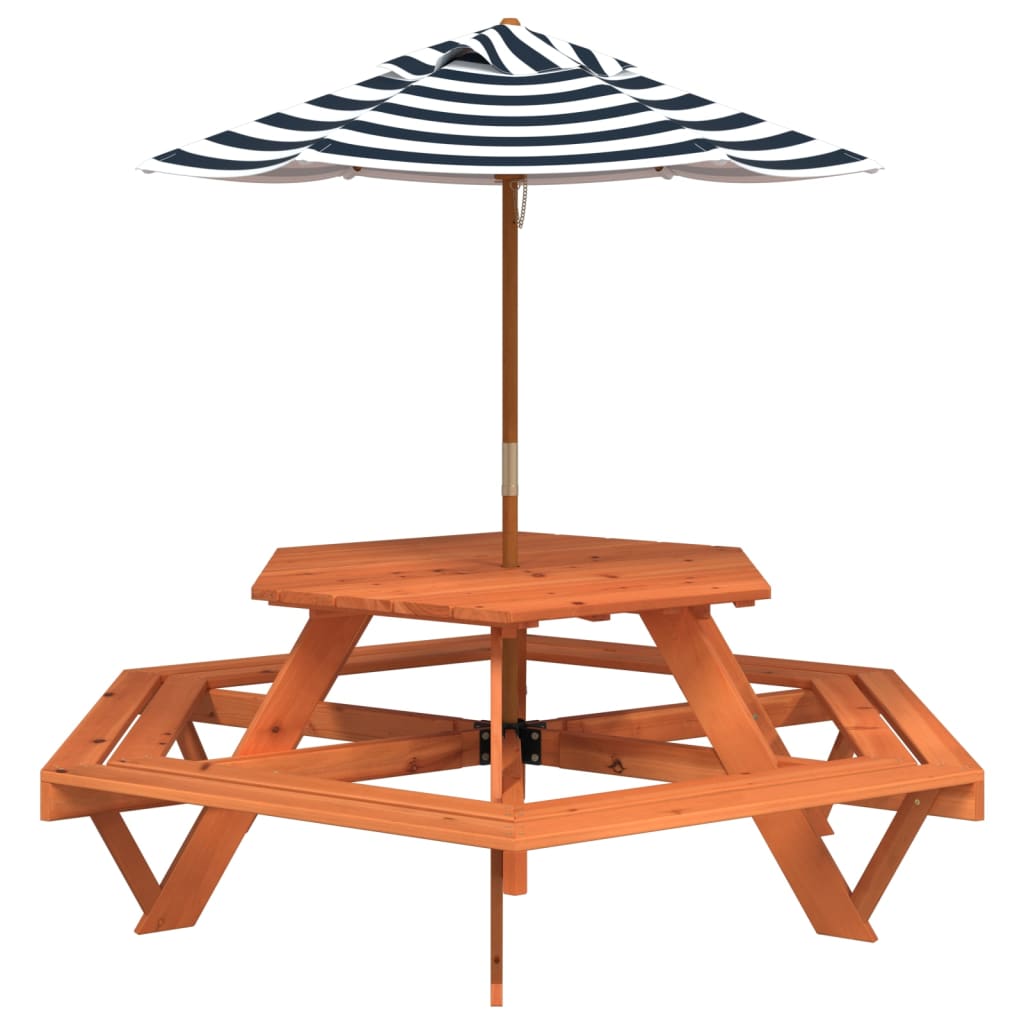 Table de pique-nique pour 6 enfants avec parasol hexagone sapin ...