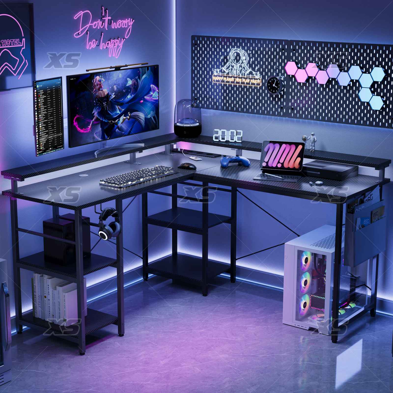 Bureau Gaming L-Shape en Fibre de Carbone Noir avec LED RGB, Prises ...