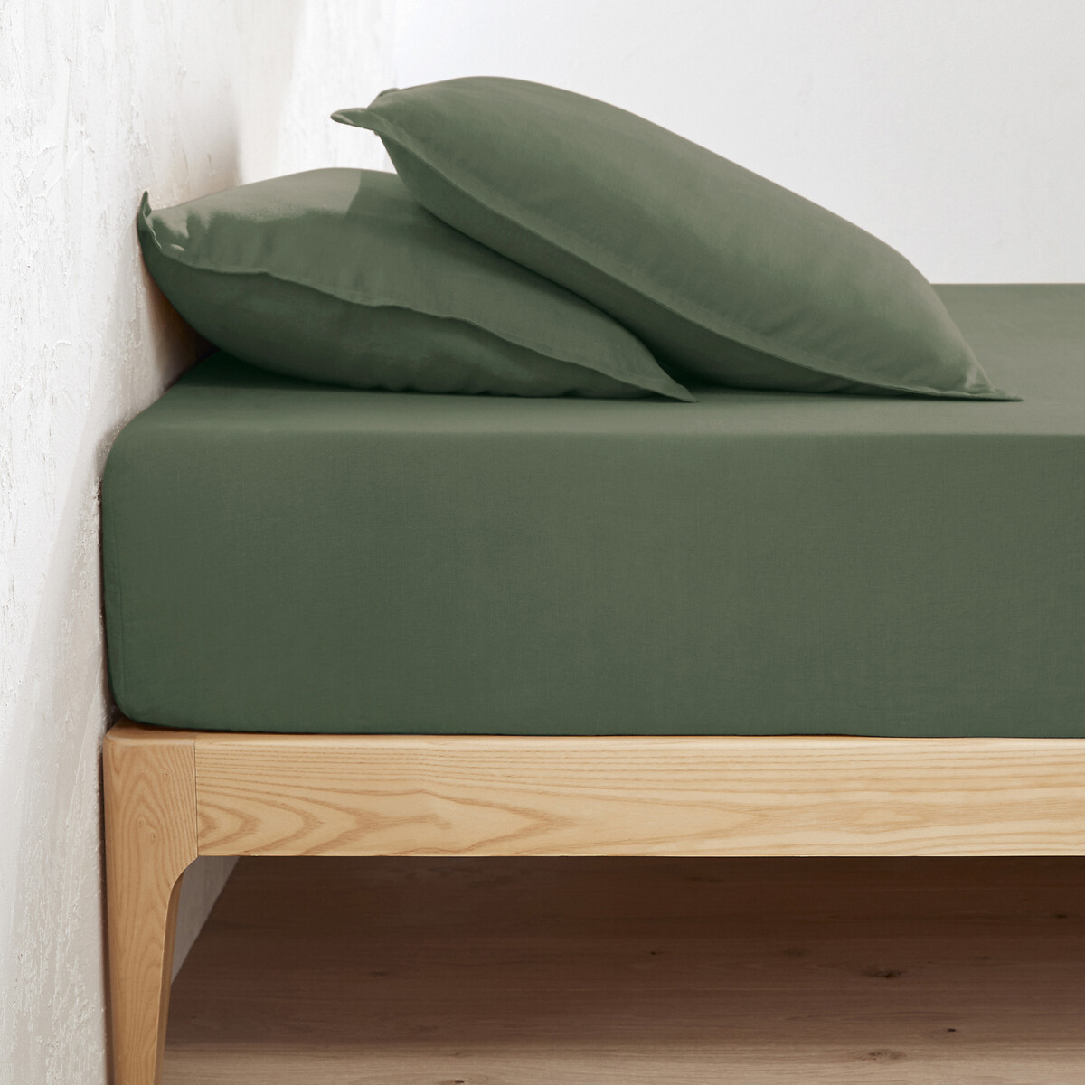 Drap housse lin lavé, bonnet 30cm, Linot - Romarin - 140 x 190 cm ...