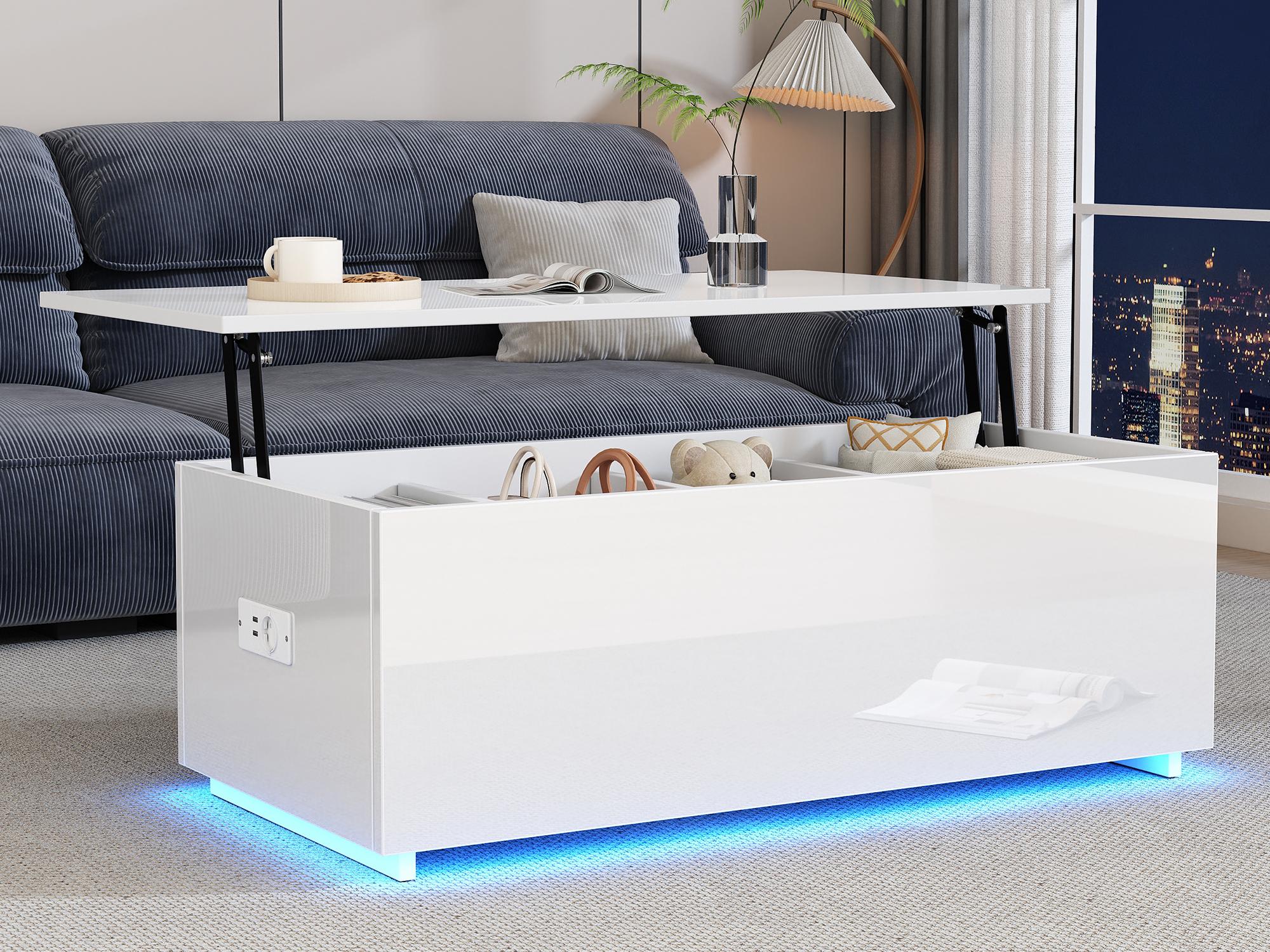 Table basse moderne 100x50x35 cm - avec éclairage LED - rangement caché ...