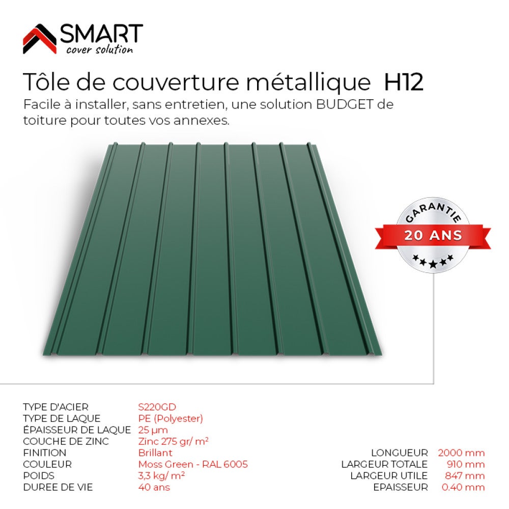 Tôle bac acier - Toiture - Couverture - plaque H12 Coloris Vert mousse ...