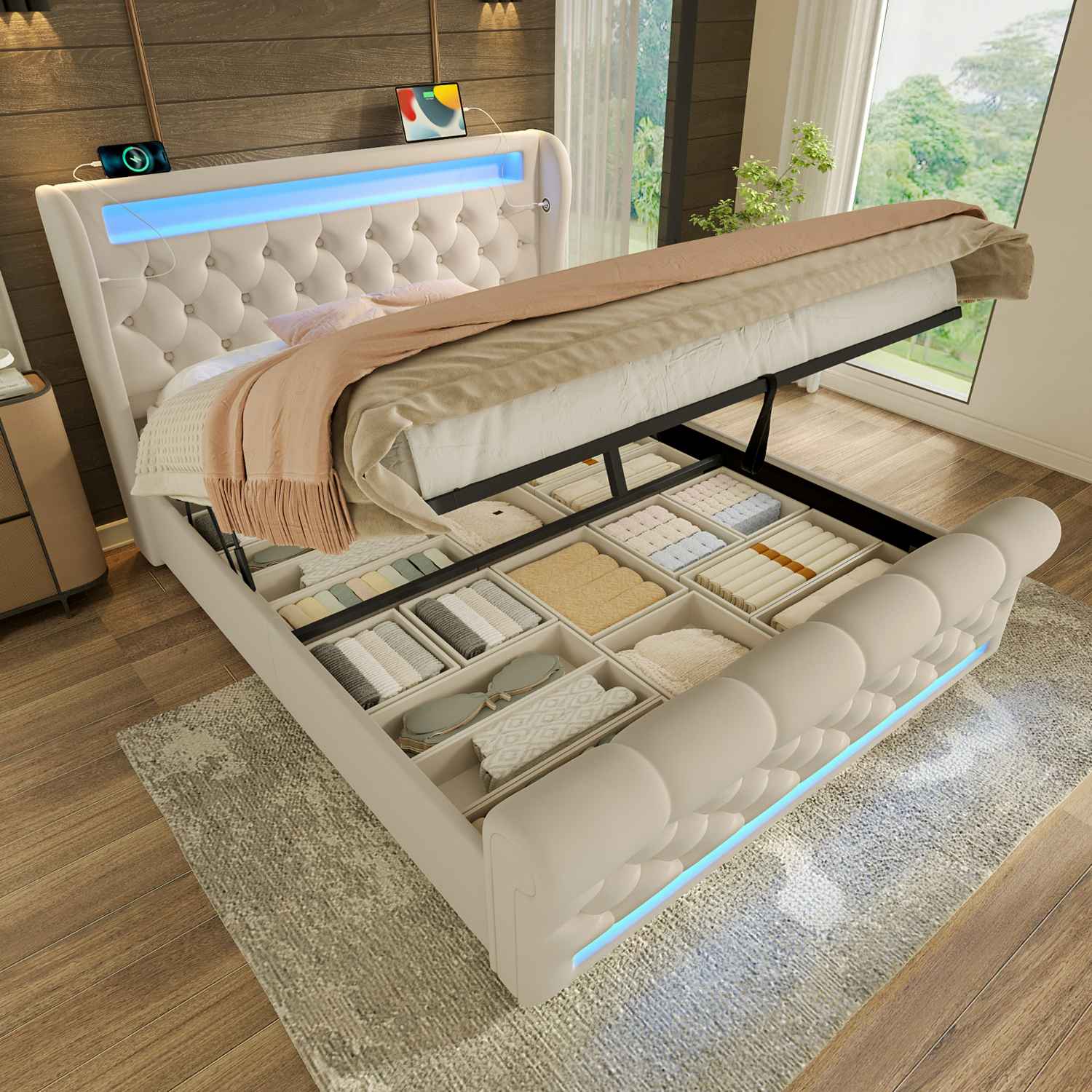 Lit Double Moderne avec Rangement, LED et USB-C – 140x200 cm, Velours ...