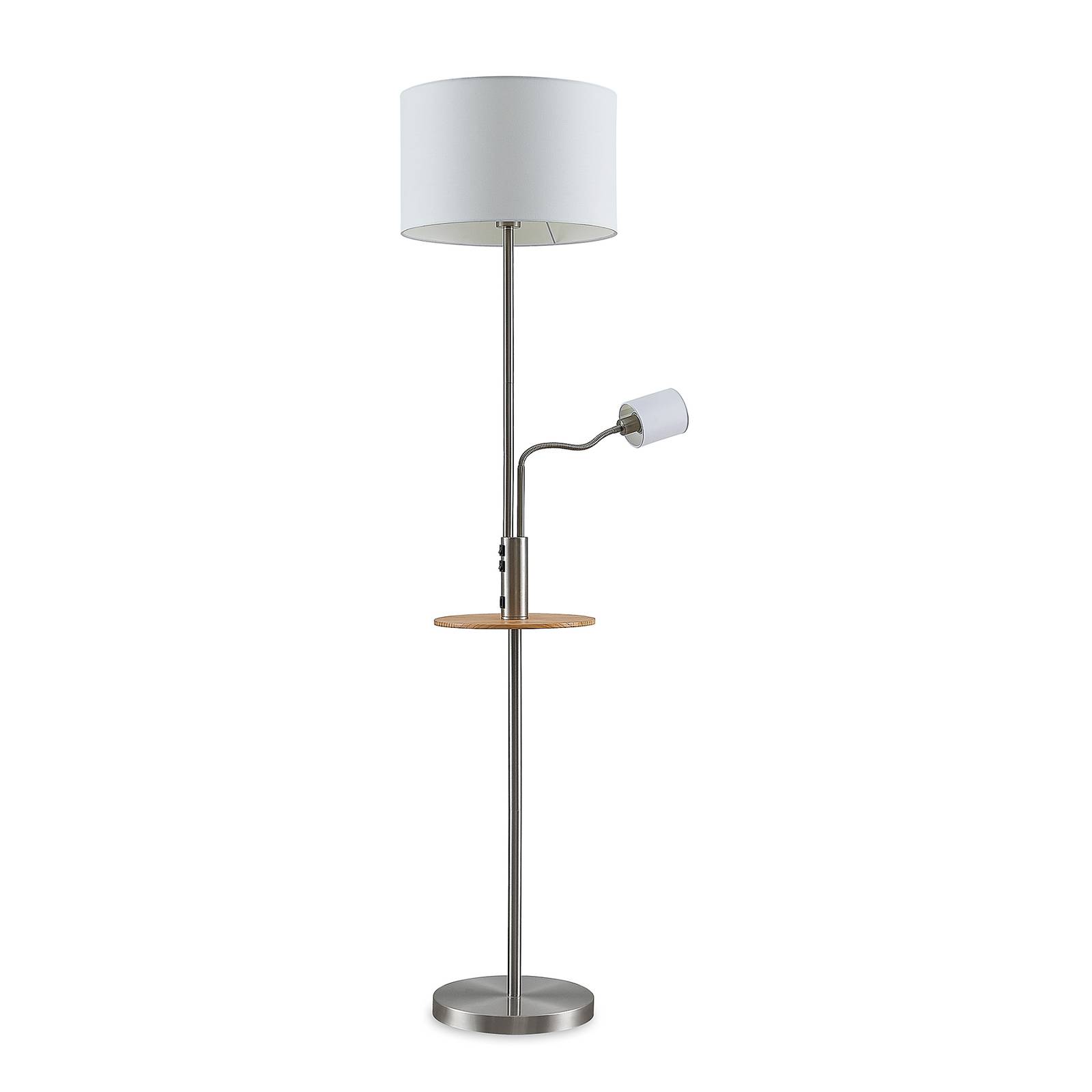 Lindby lampadaire Aovan, couleur nickel, tablette, prise USB ...
