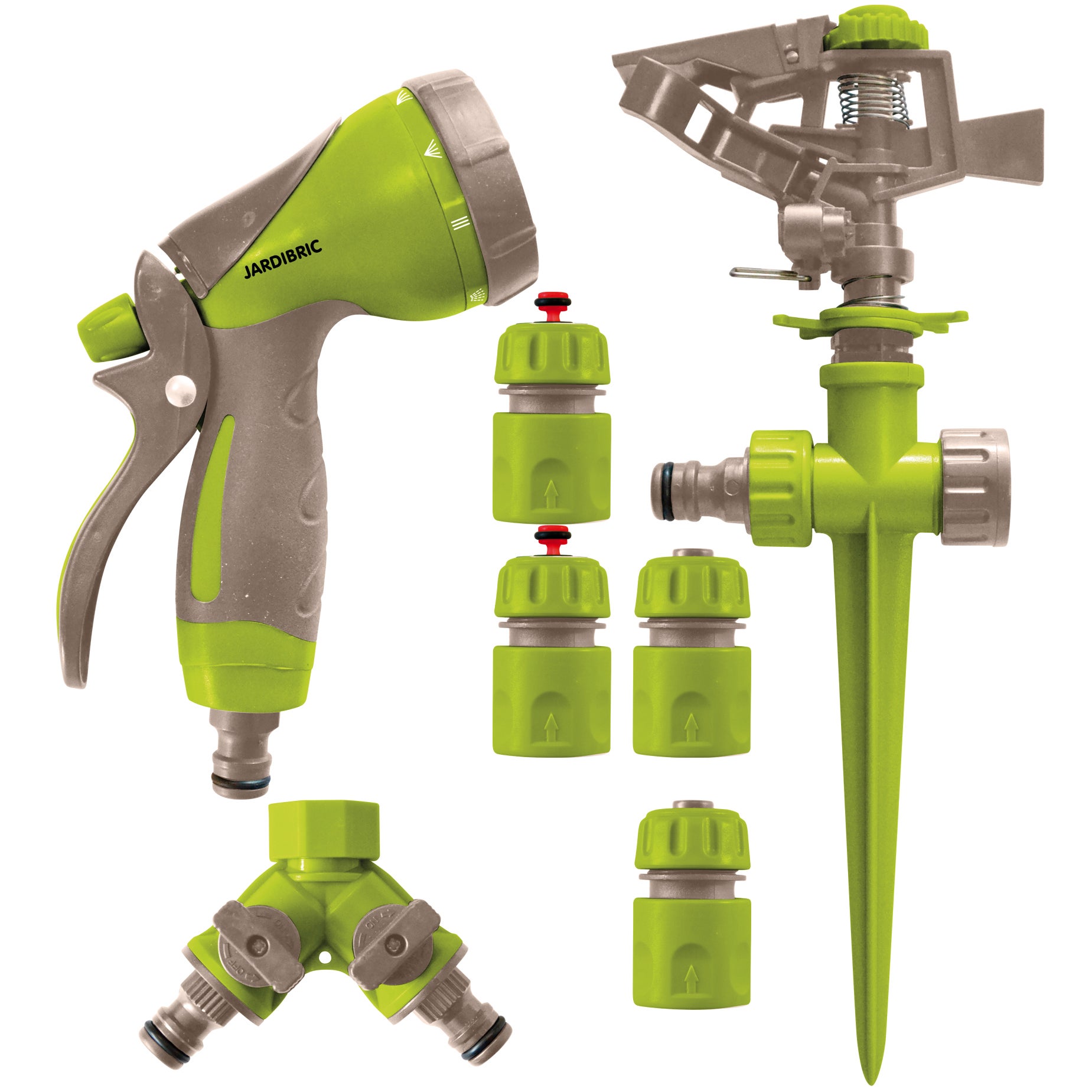 Kit completo de riego con pistola + aspersores + tee + conexiones ...