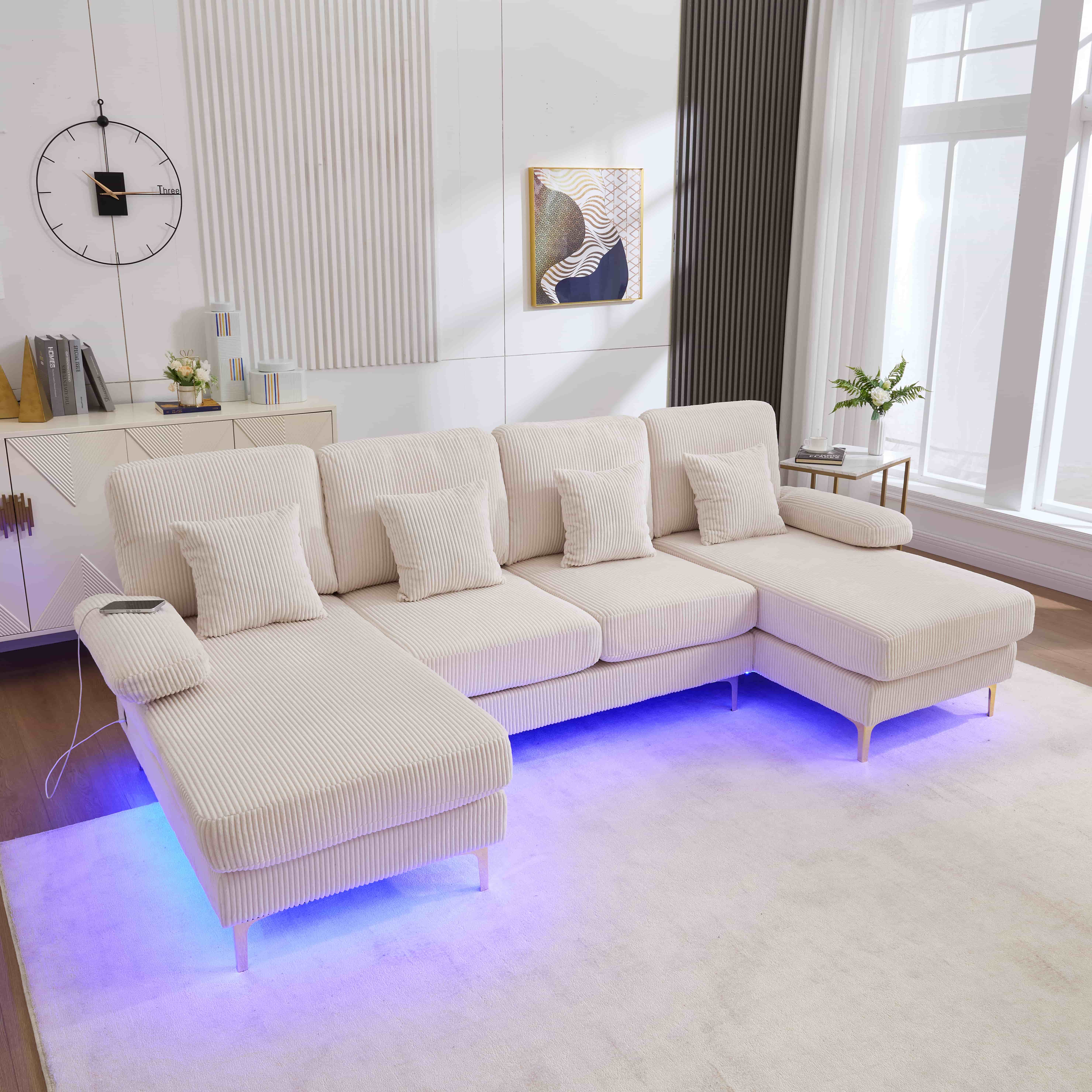 Sofá moderno U (beige) : iluminación LED, puerto USB-C, madera maciza ...
