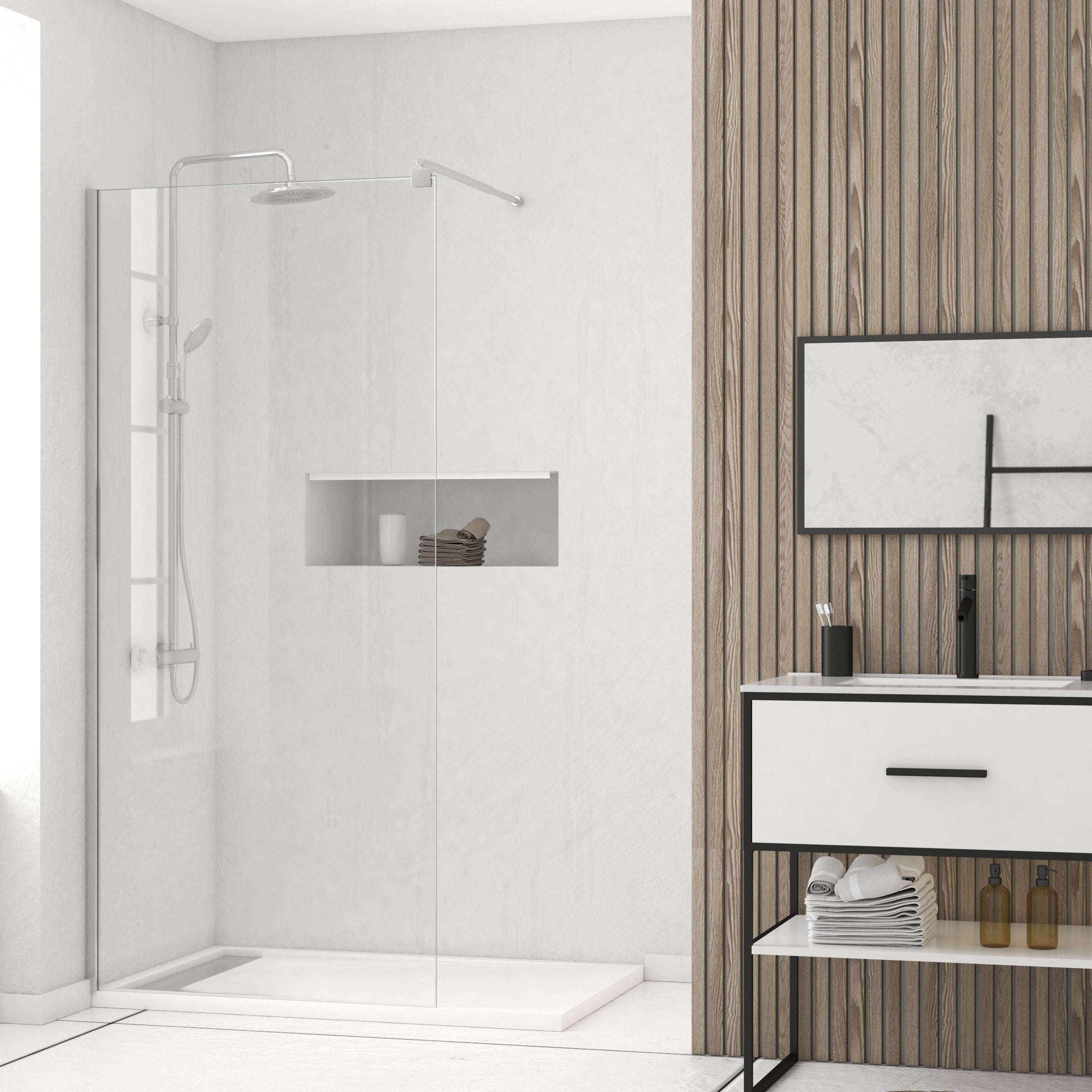 Mampara de ducha 100x200cm - Cristal templado transparente 8mm - Perfil Cromado - FREEDOM 2 ...