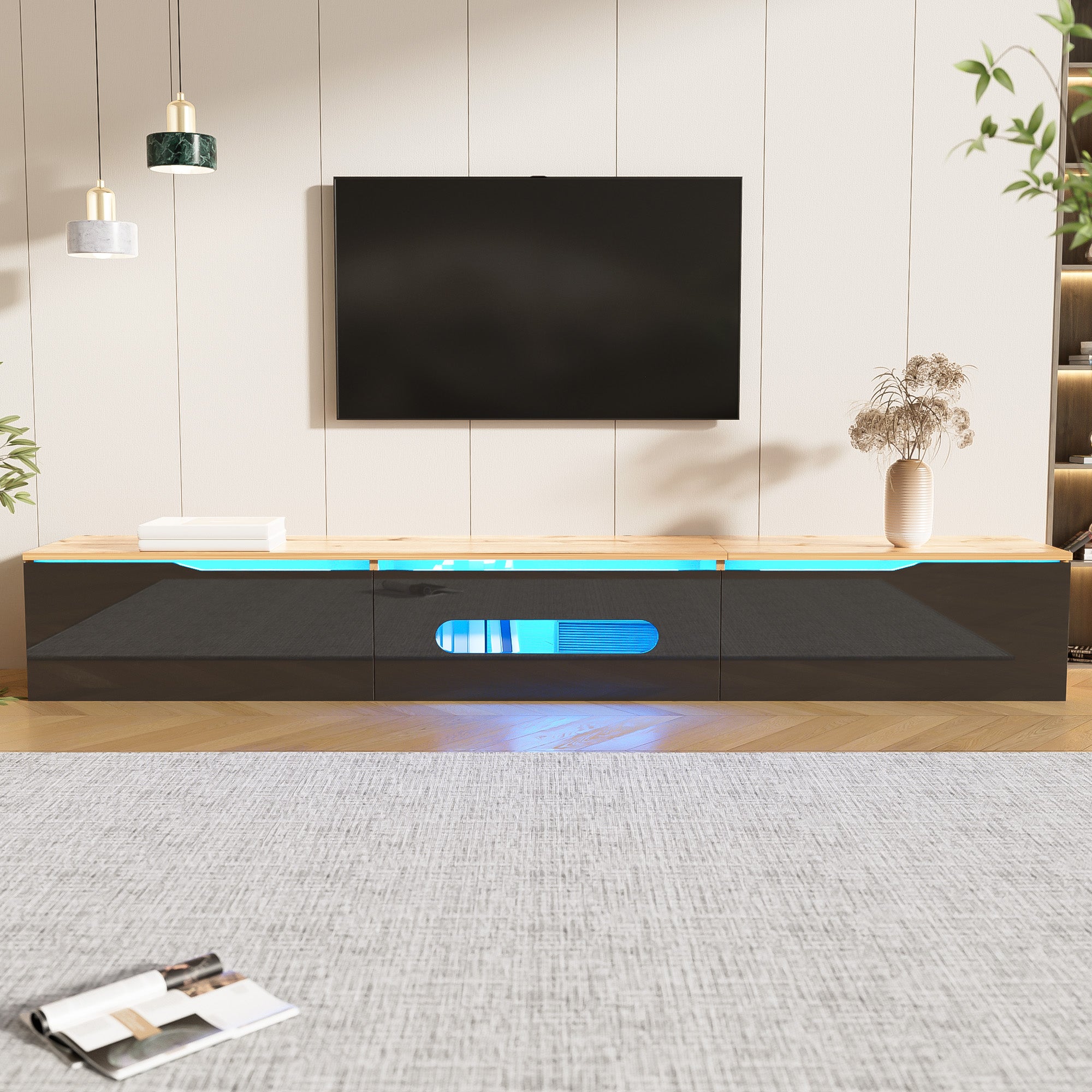 Meuble TV Salon 180x35x30 cm Noir + Bois - LED Bluetooth app + Montable ...