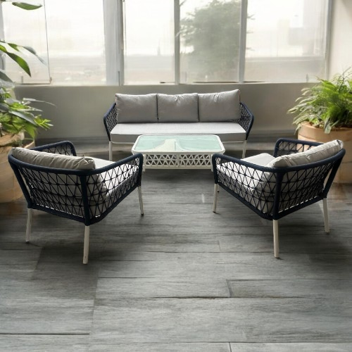 Set de sofás y sillones LODGE 5 plazas cuerda trenzada azul y aluminio ...