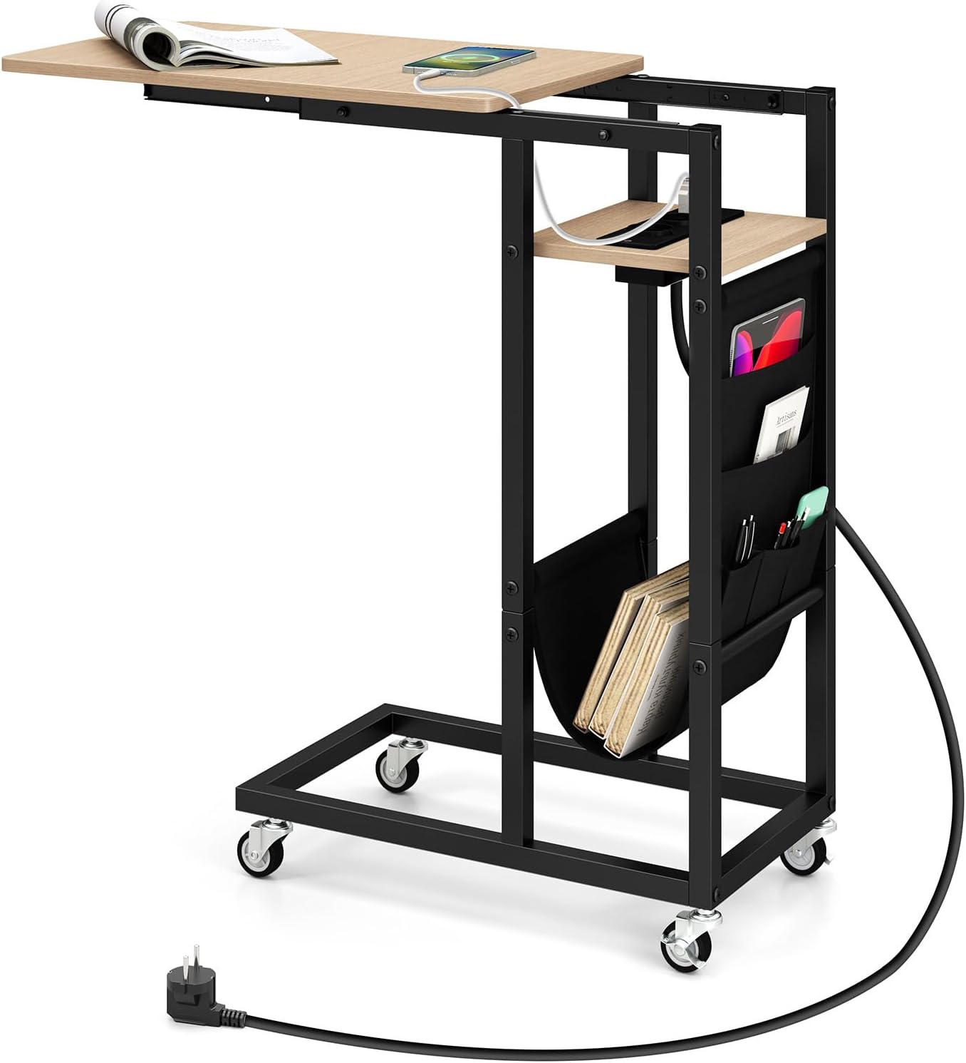 Table d'Appoint en Forme C. Mobile avec 4 Roues, Station de Recharge ...