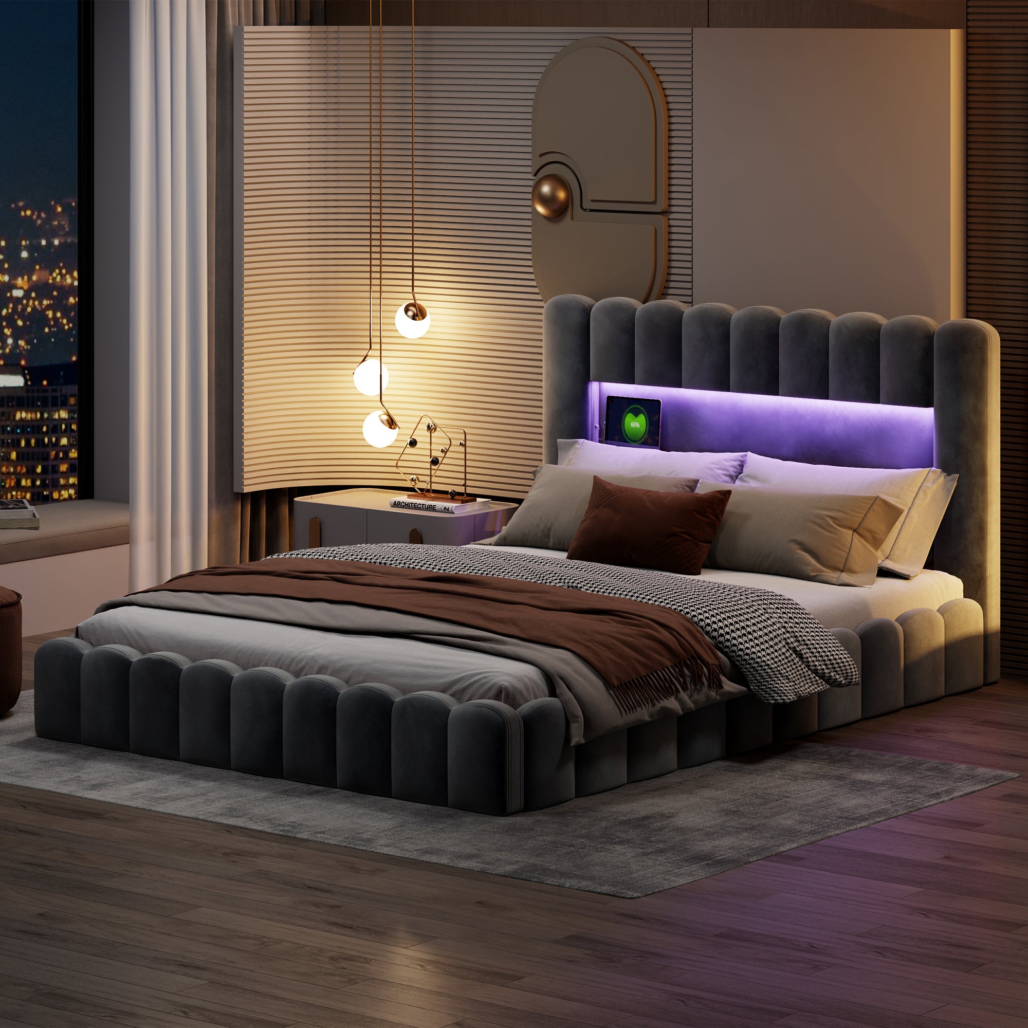 Lit 180x200cm avec LED tête de lit, Lit capitonné avec Rangement, Lit ...