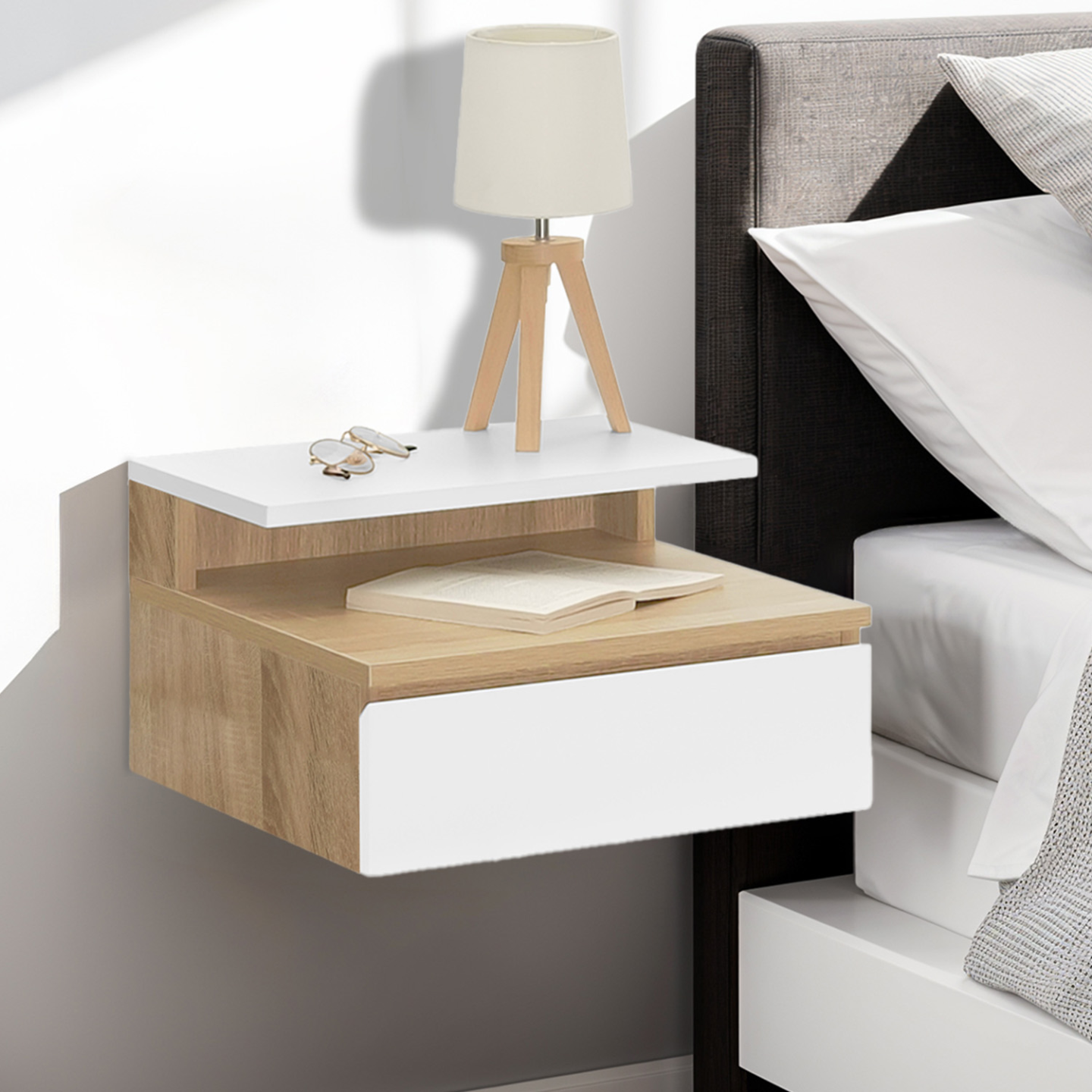 Lot de 2 tables de chevet murales TOMI 1 tiroir + 1 tablette étagère ...