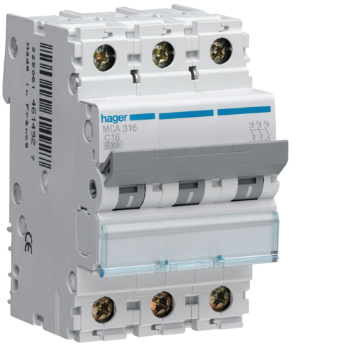 Hager myn306 interruttore automatico magnetotermico 3p 3 poli 3x6a 4 5ka curva c 3 moduli din ...
