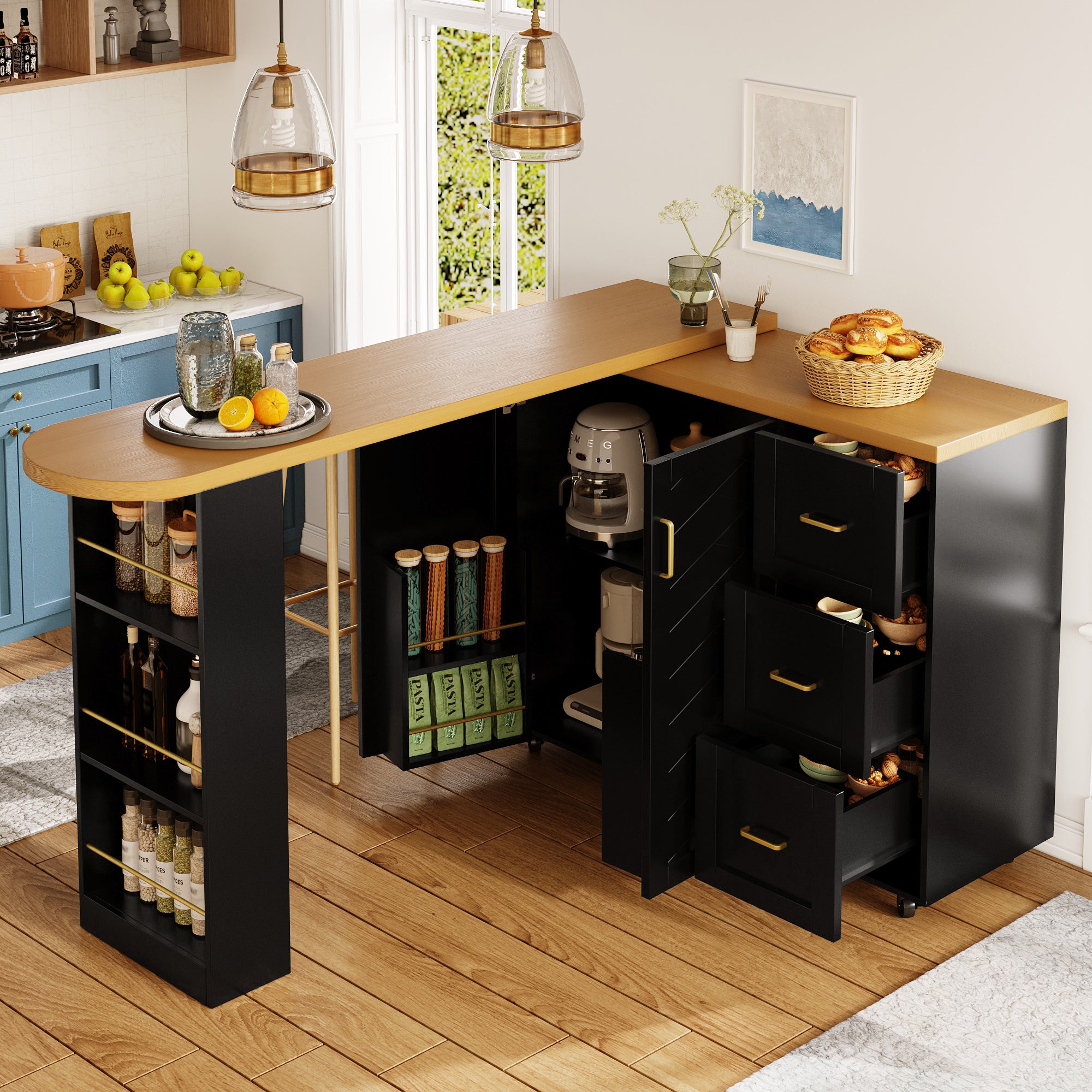 Buffet table de bar 135-228x39x104 cm, 2 portes, 3 tiroirs, roulettes ...