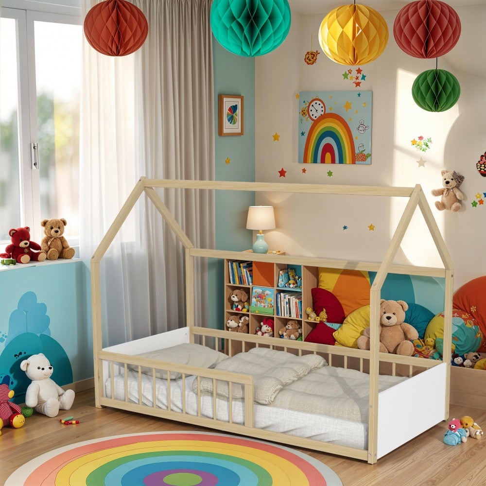 Lit cabane BALOO 90x190 + 1 sommier / Blanc et Bois clair | Leroy Merlin
