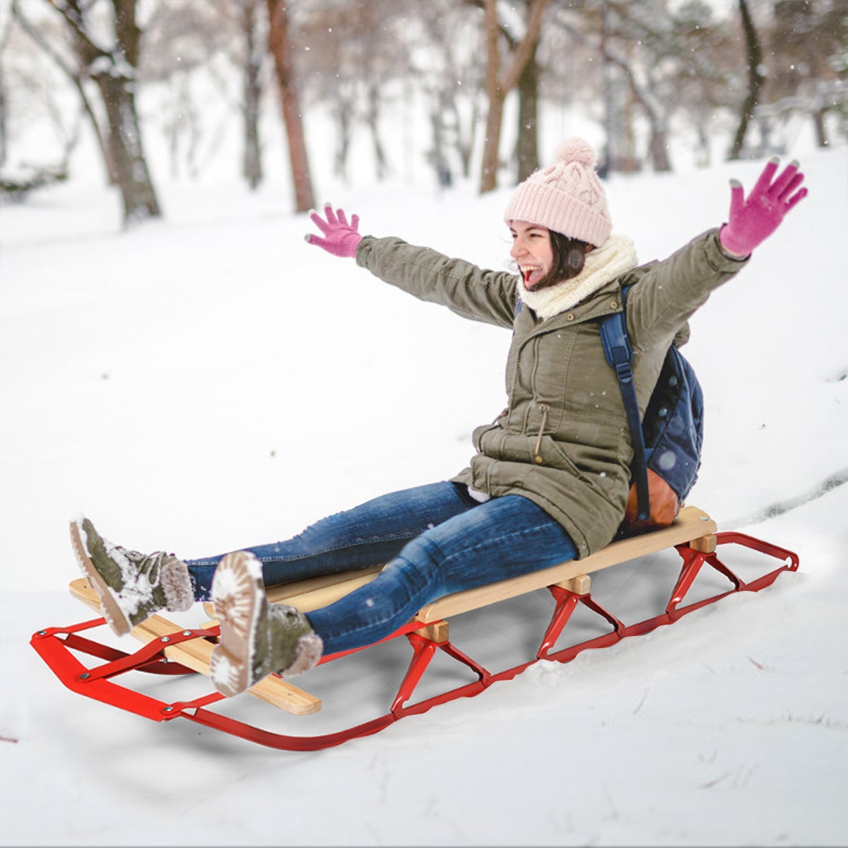 Luge Métal Patins Acier Bois Barre Direction Neige Adultes Enfants 5 ...