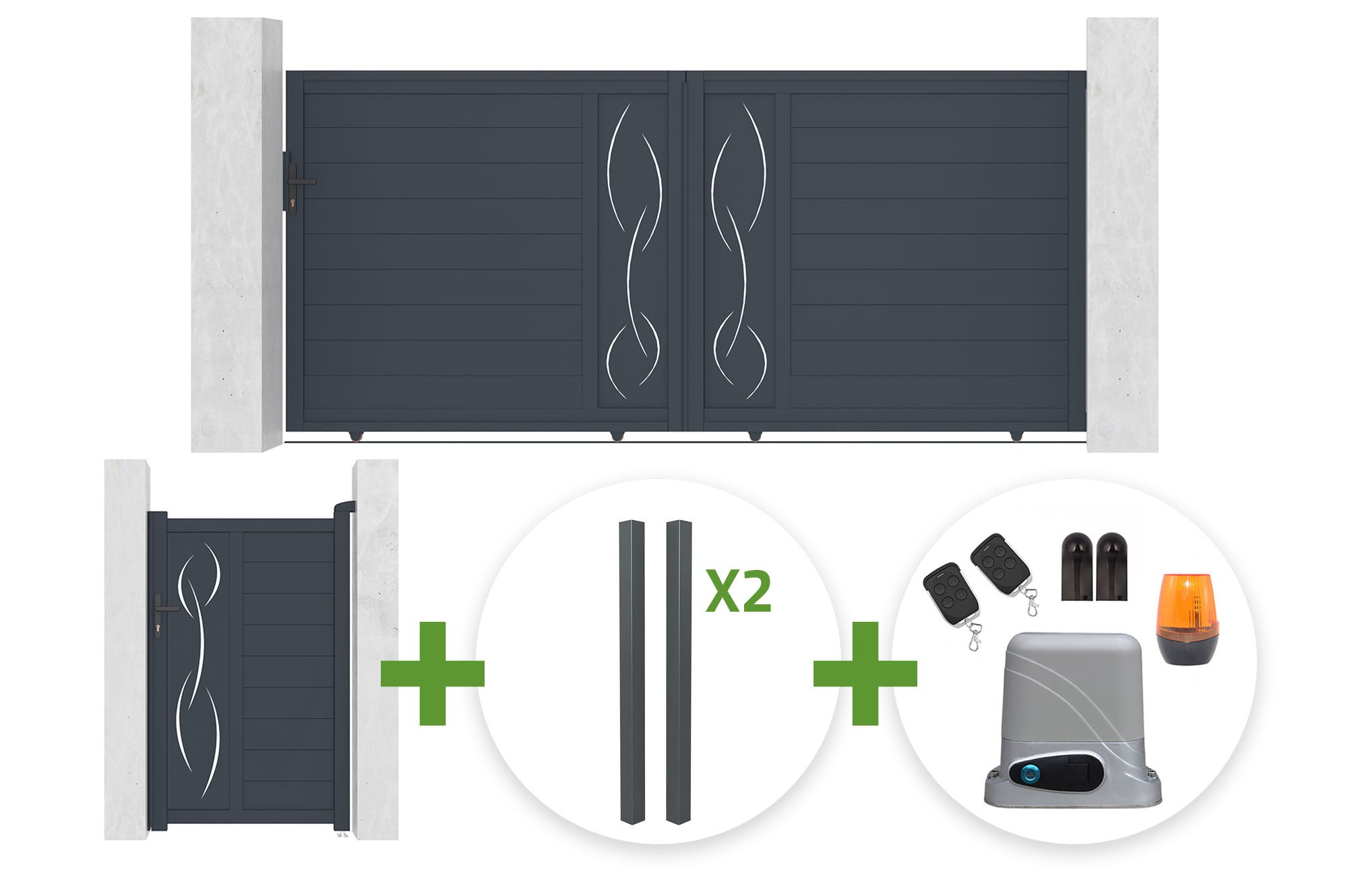 Portail coulissant 3,5m LIFE H.160cmgris + Portillon 1m LIFE H.160cm ...