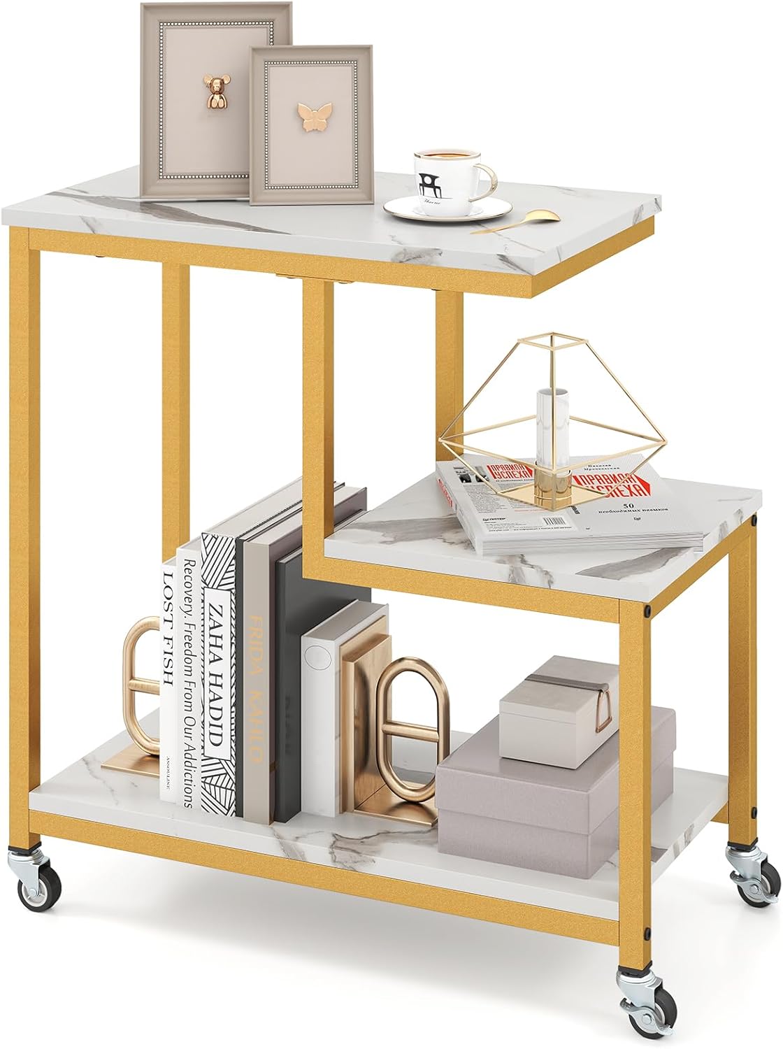 Table d’Appoint, Bout de Canapé à Roulette, Effet Marbre, Etagères ...