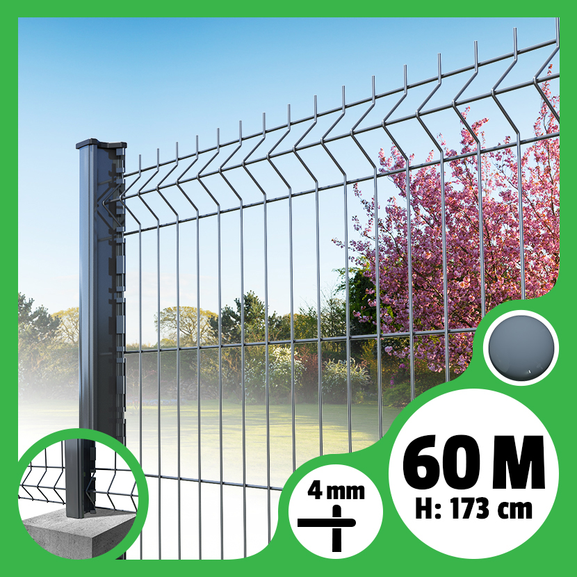 Kit grillage rigide poteaux H - longueur 60 mètres - 173 cm, Gris ...