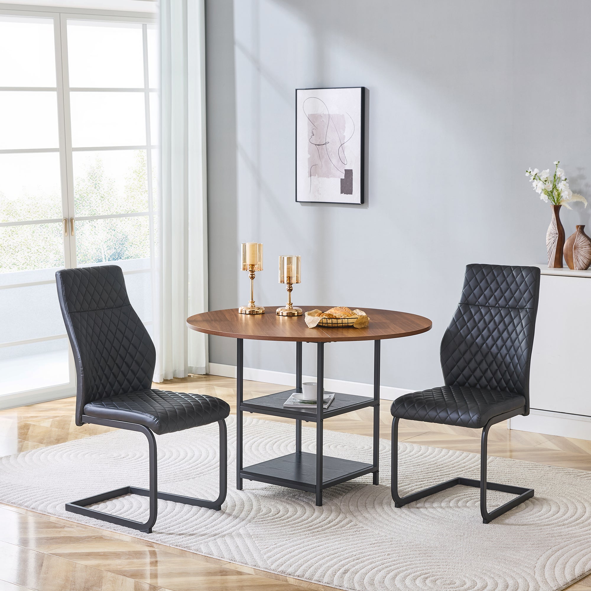 Table ronde 107cm double rangement + 2 chaises motif losange, MDF métal ...