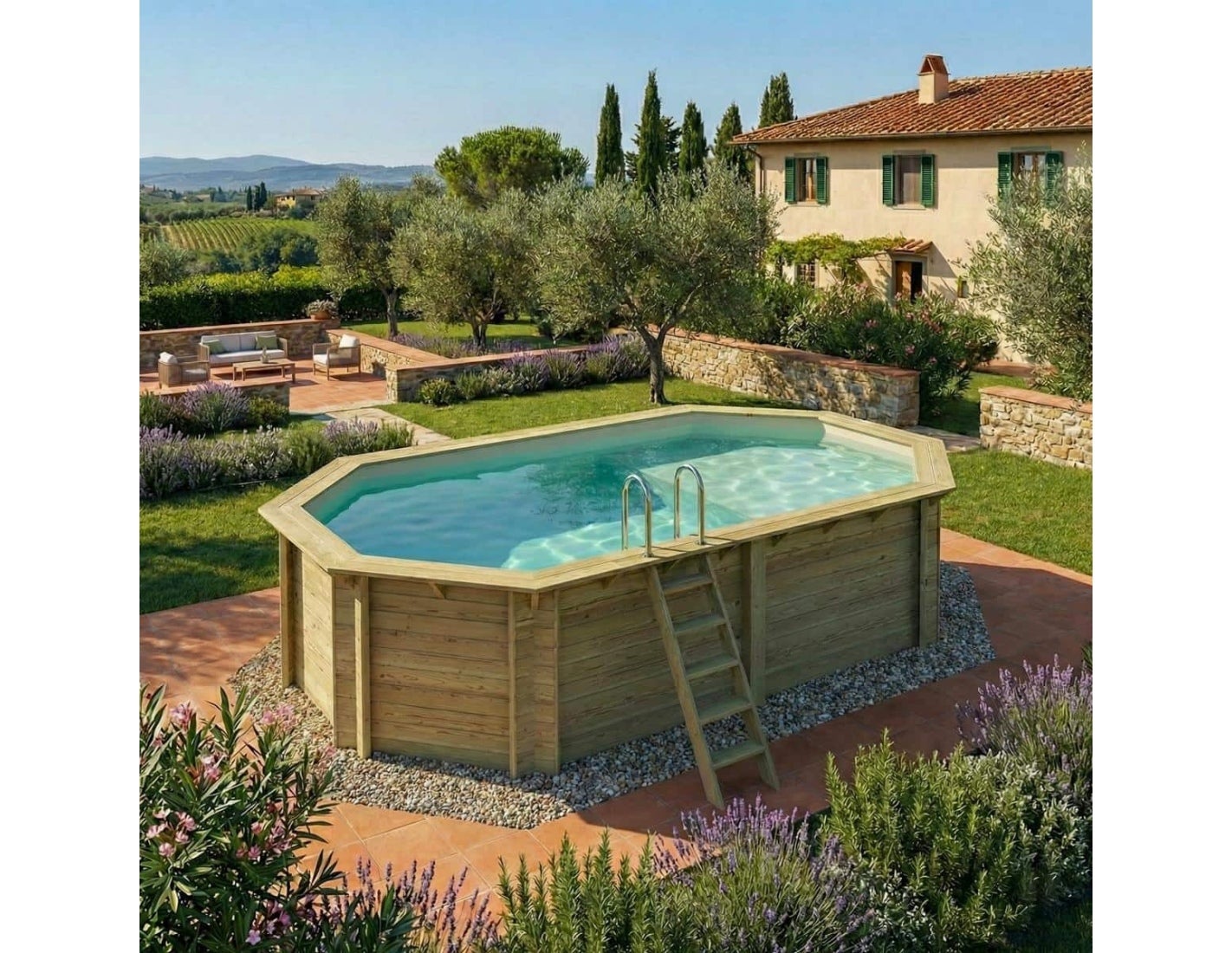 Piscina de madera de madera NEMO 5.79 x 3.49 – H.1.45 m con playa ...