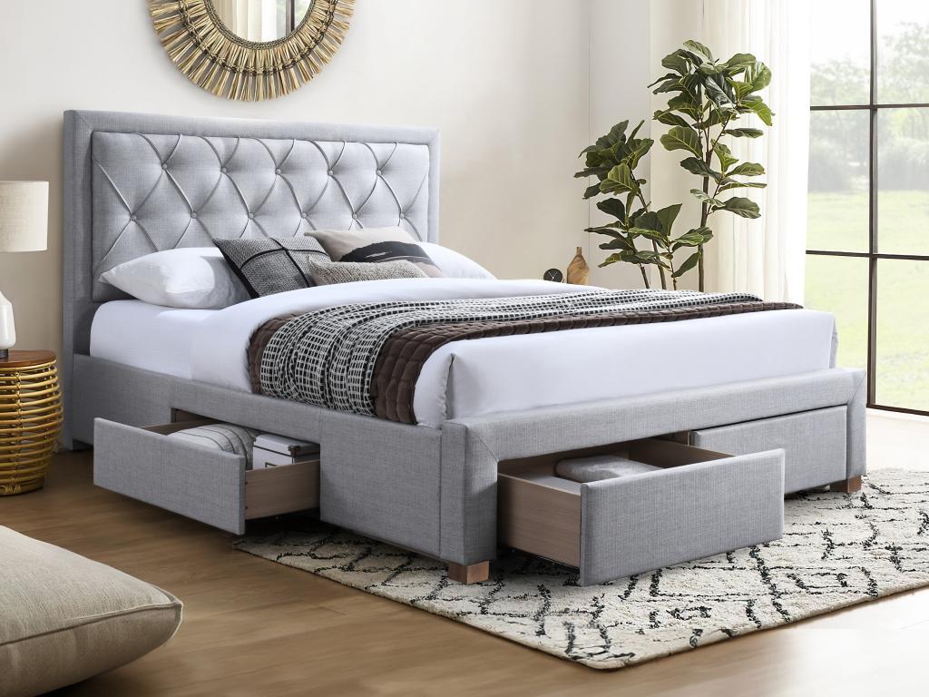 Lit avec tiroirs 140 x 190 cm - Tissu - Gris clair + Matelas - LEOPOLD ...