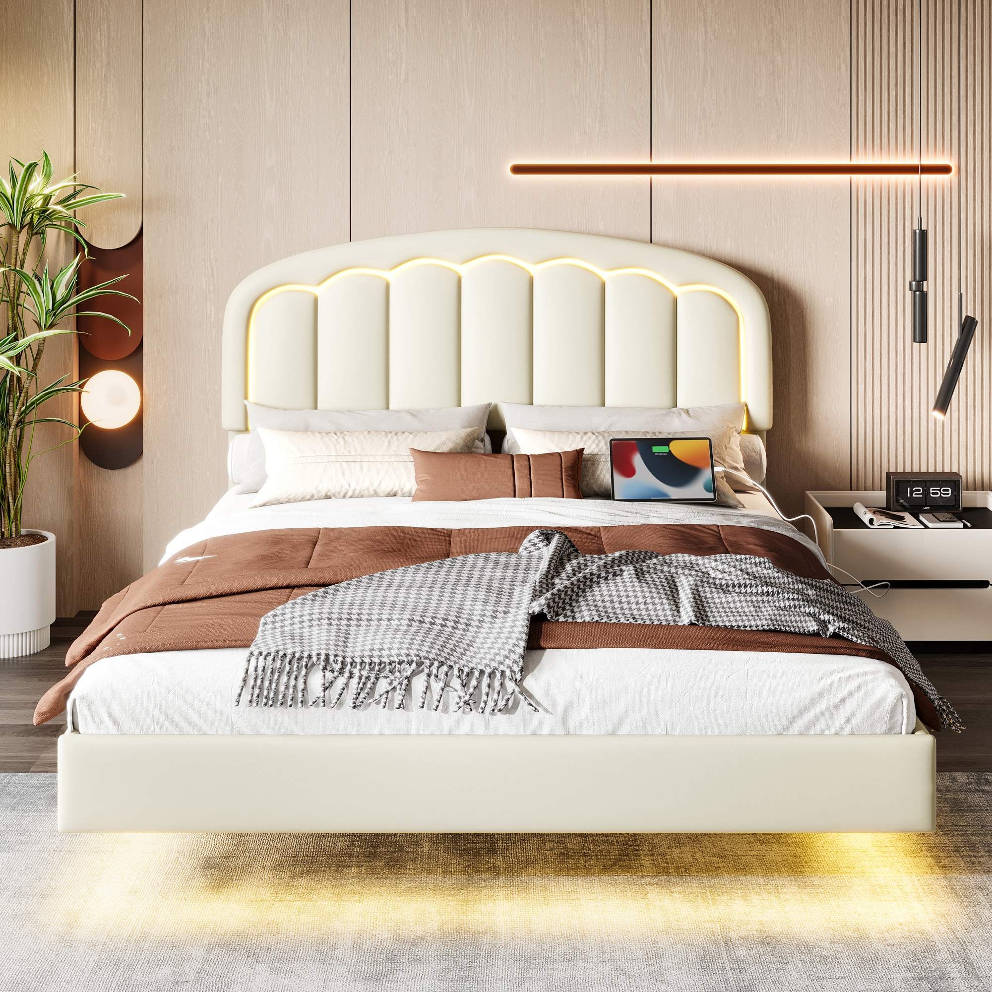 Lit moderne 160x200 cm - Design flottant, LED, USB Type-C, tête de lit ...