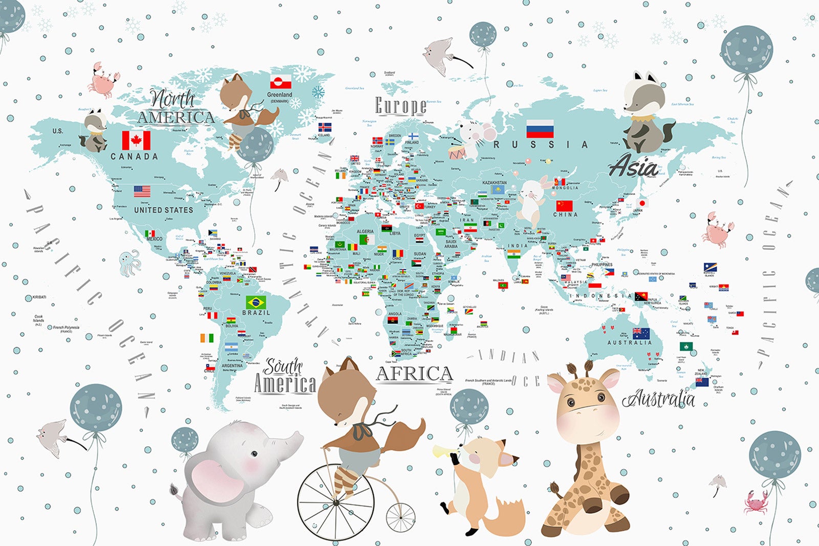 Papel pintado panorámico Niños - Mapa del Mundo - Ancho 382 cm x Altura ...