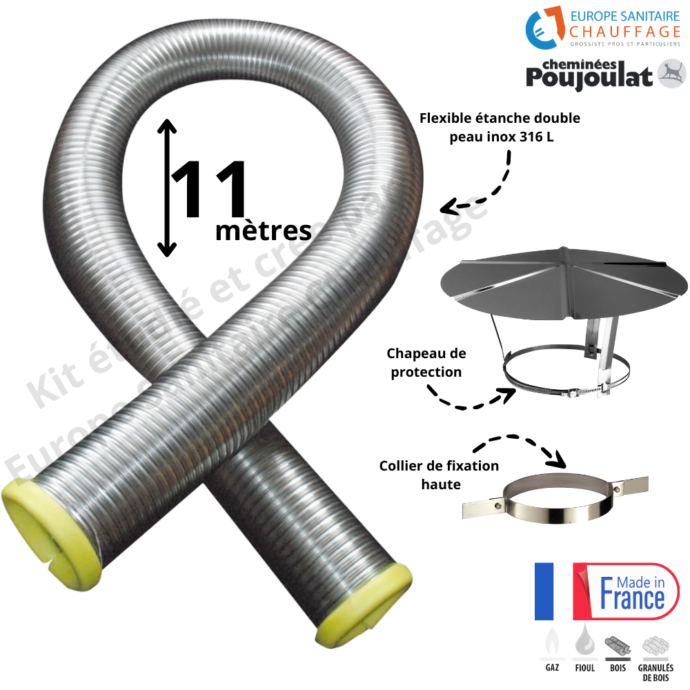 Kit tubage flexible double peau inox diamètre 130 + collier de fixation ...