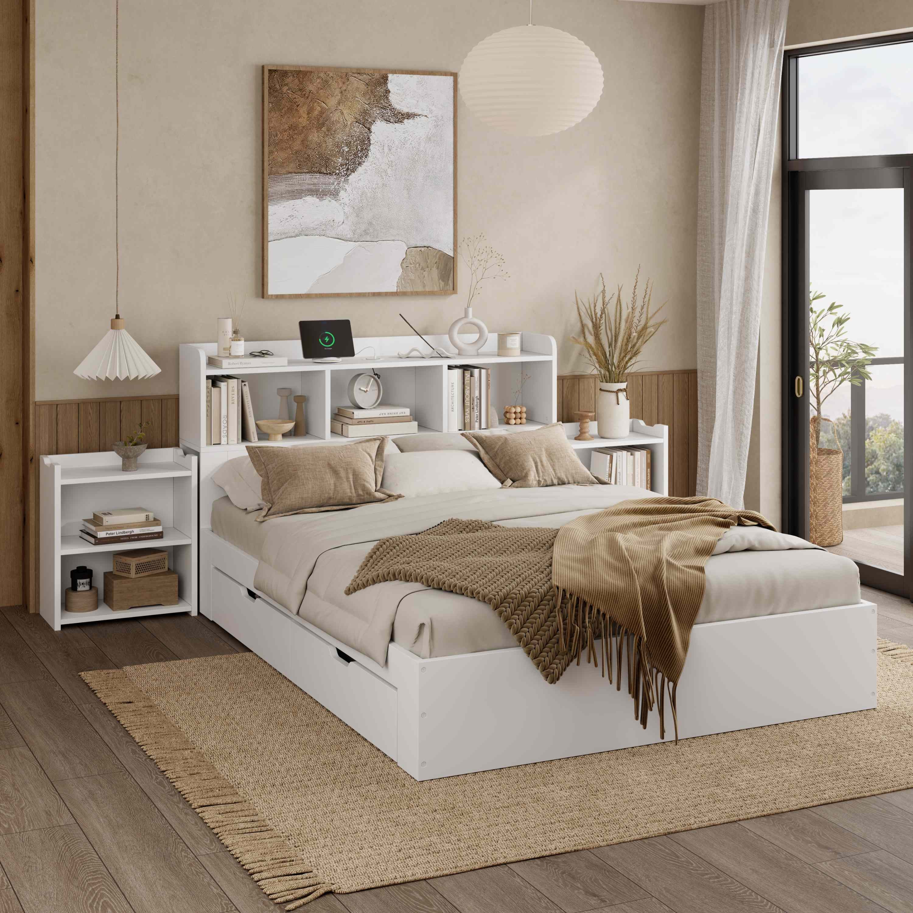 Lit en bois 140x200 cm - Lit double, avec tête de lit, 2 tables de nuit ...