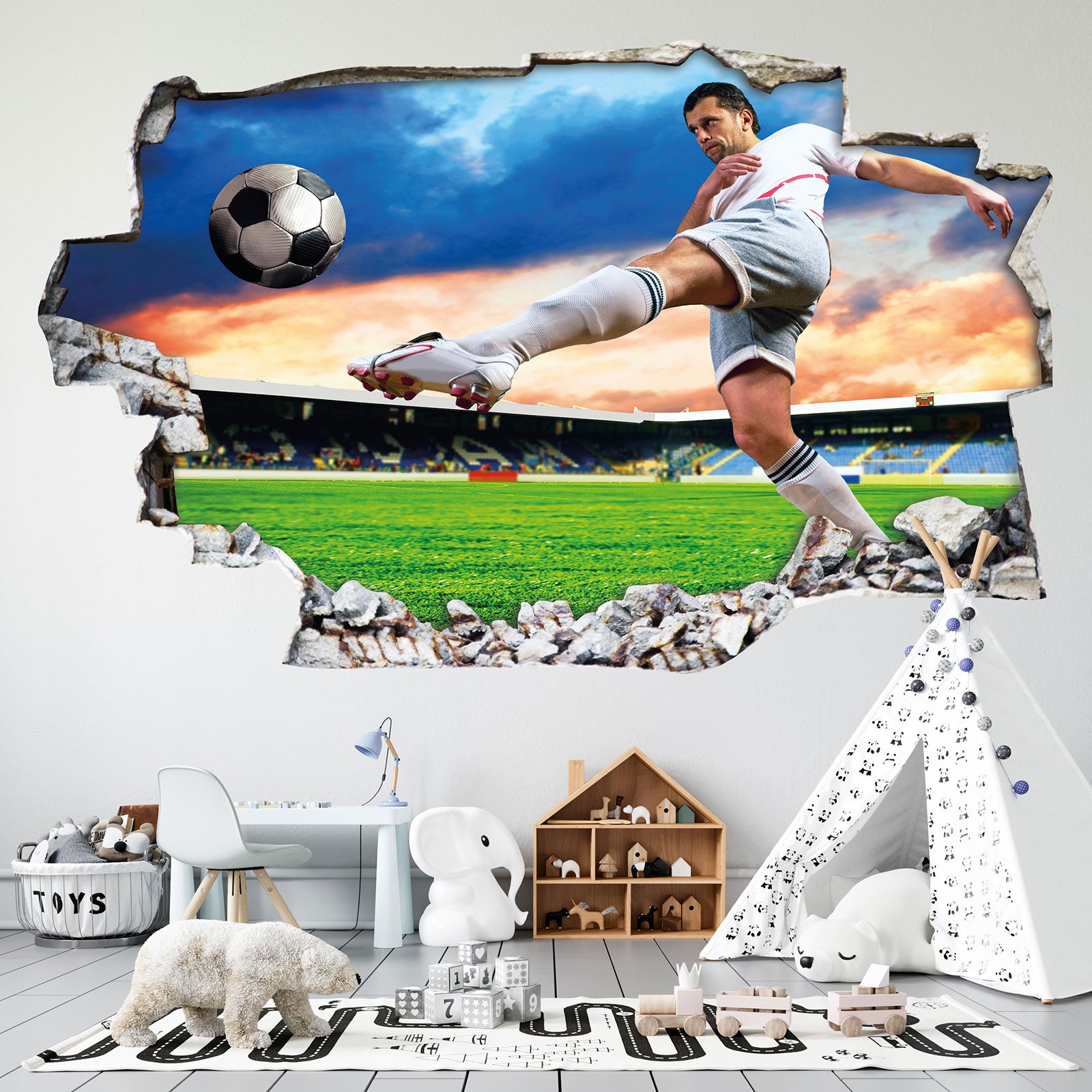 Stickers Trompe l'oeil trou dans le mur - Footballeur 3617681133353 ...