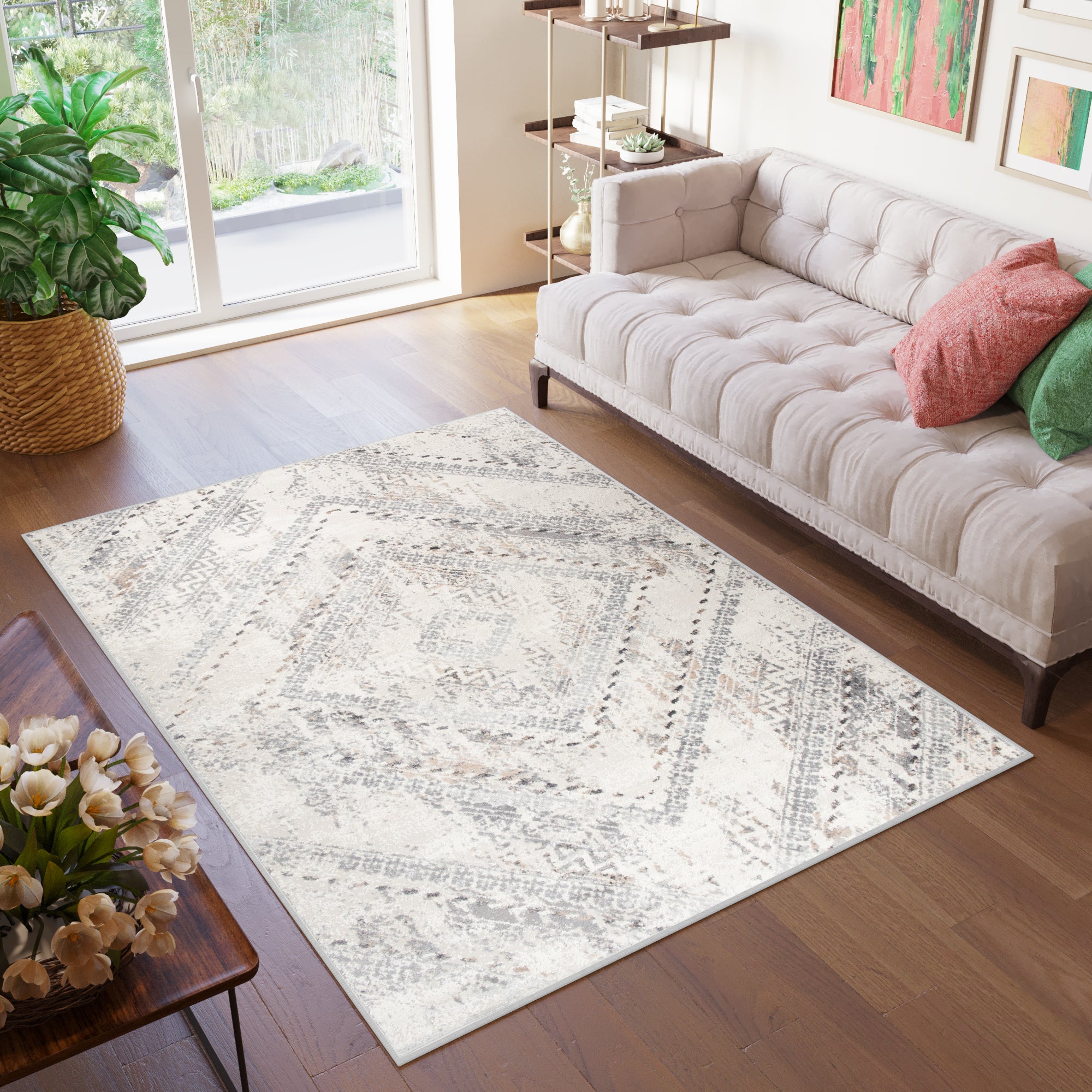 TAPISO Tapis Salon Valley Vintage Gris Crème Géométrique Fin 300x400 ...