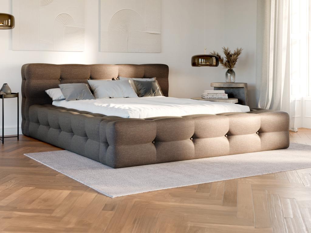 Lit capitonné 160 x 200 cm - Tissu chiné - Taupe + Sommier - LERUCO de ...