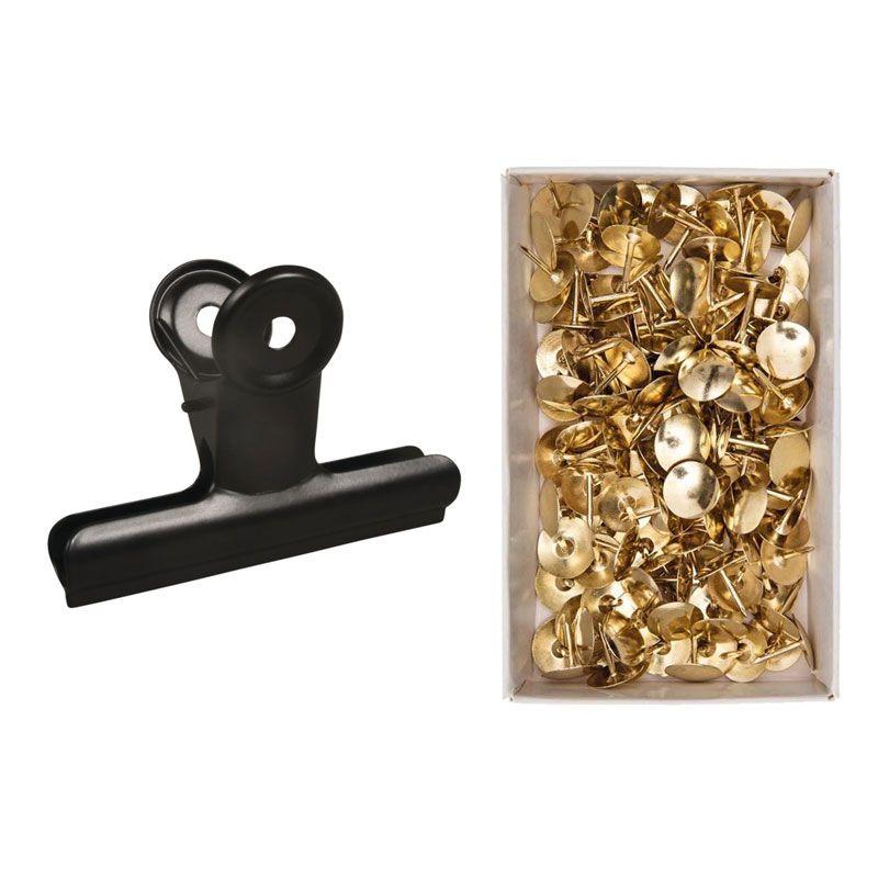 Pince double clip métal noir 9 x 7 x 4 cm + 150 punaises dorées ...