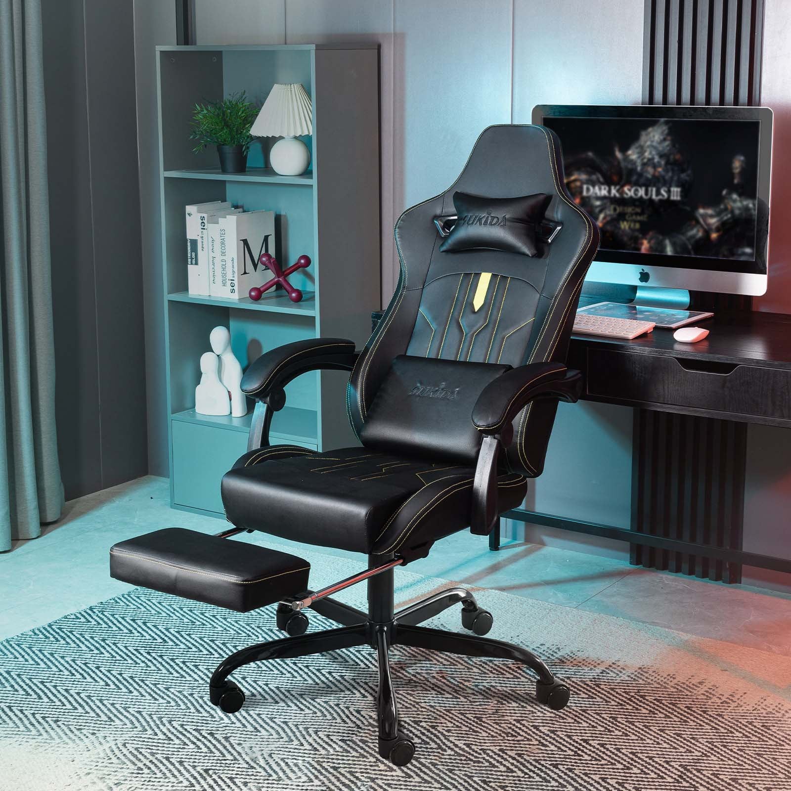 Silla Gaming Ergonómica con Reposapiés, Soporte Lumbar y Respaldo ...